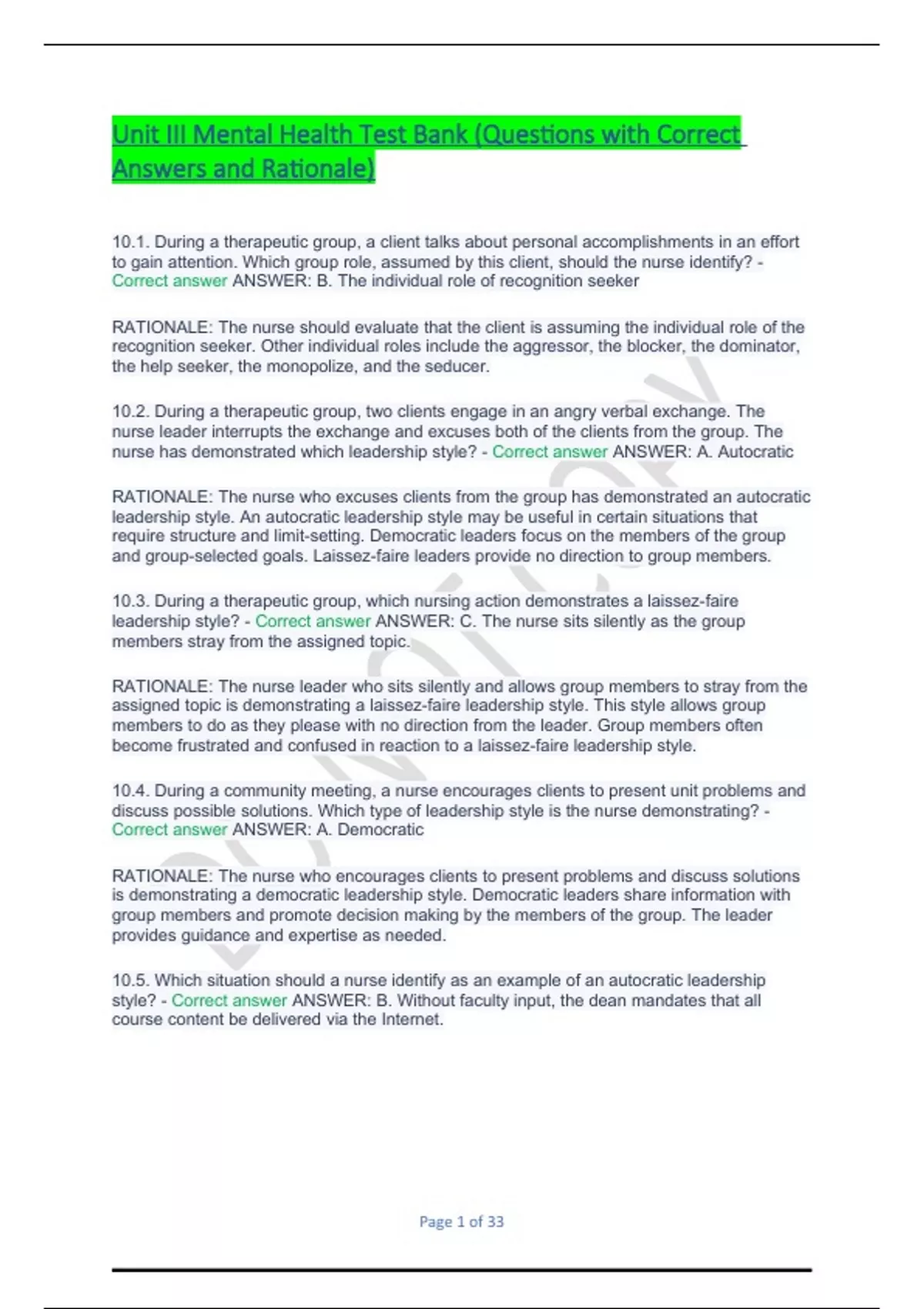 Unit III Mental Health Test Bank (Questions with Correct Answers and ...