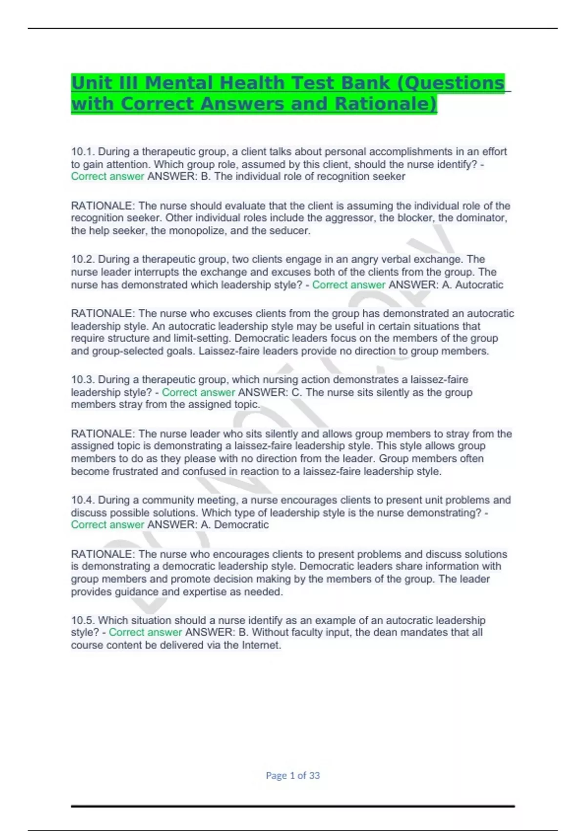 Unit III Mental Health Test Bank (Questions with Correct Answers and ...