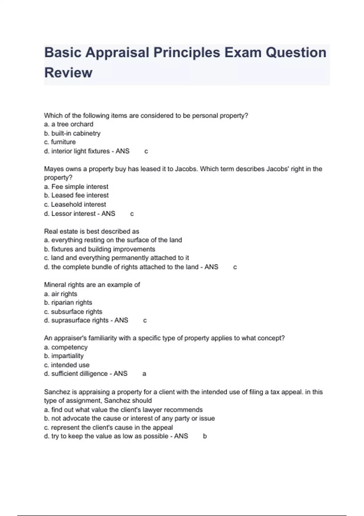 Basic Appraisal Principles Exam Question Review - Basic Appraisal ...