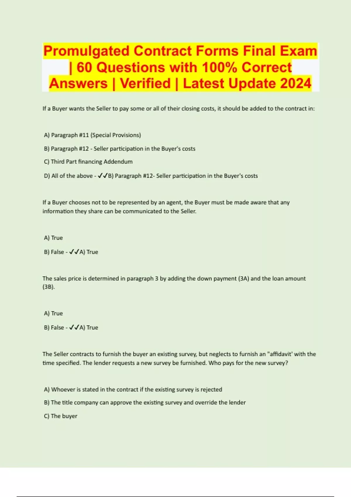 Promulgated Contract Forms Final Exam | 60 Questions with 100% Correct ...