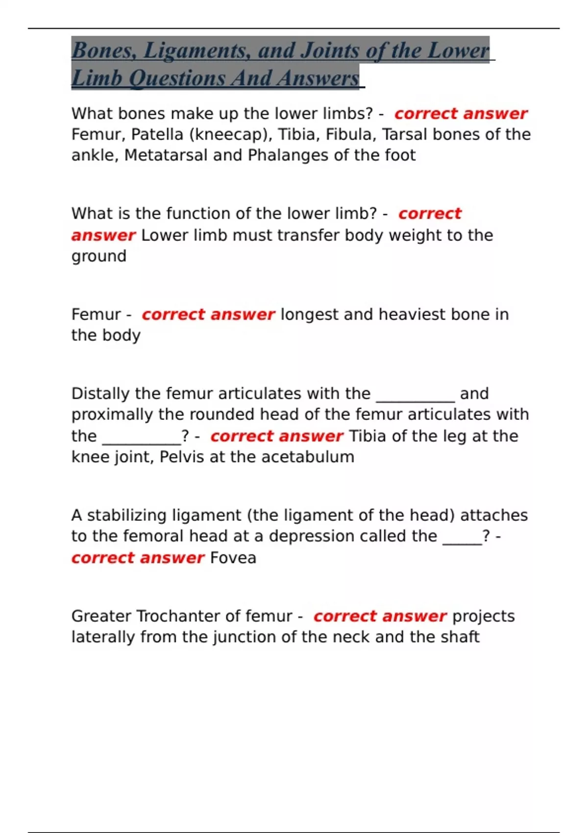 Bones, Ligaments, and Joints of the Lower Limb Questions And Answers - Bones, Ligaments, and ...