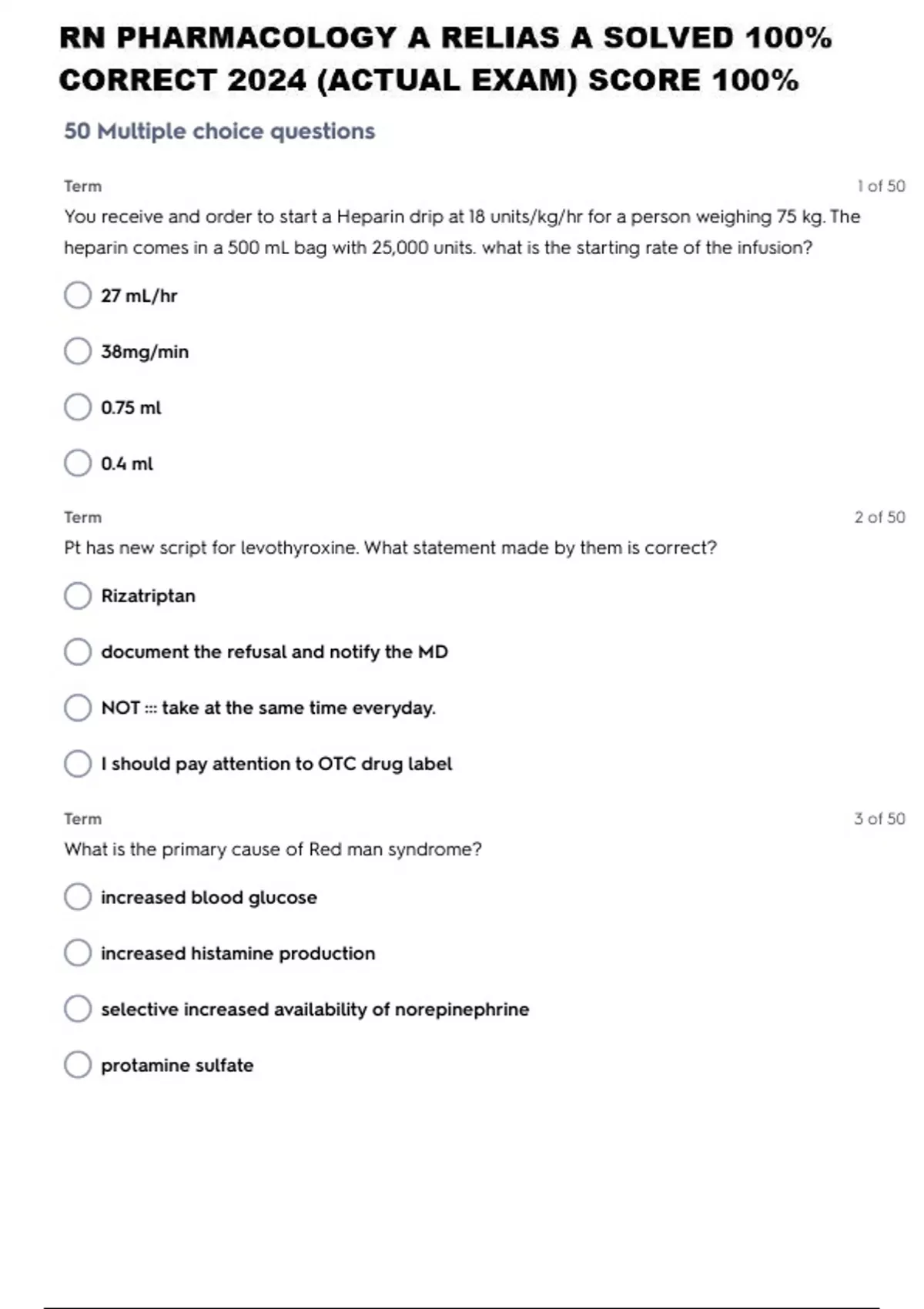 RN PHARMACOLOGY A RELIAS A SOLVED 100% CORRECT 2024 (ACTUAL EXAM) SCORE ...