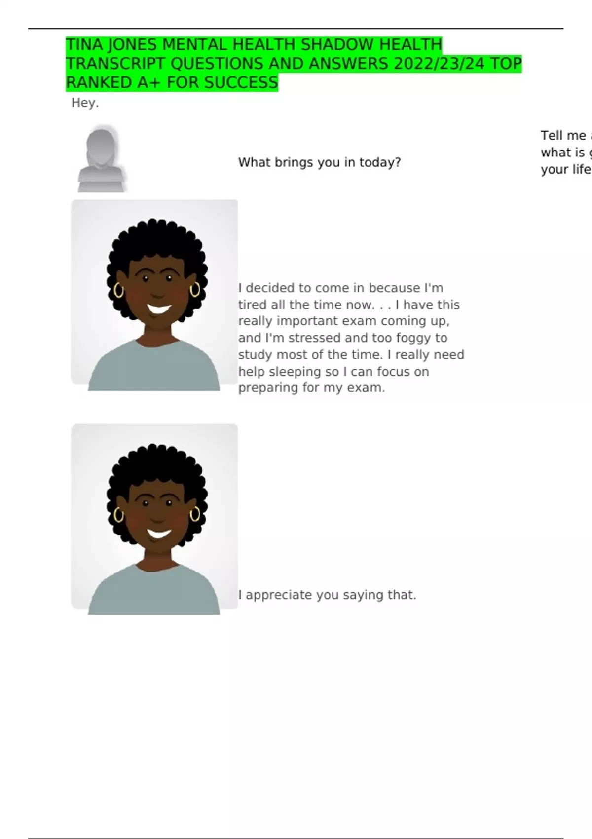 TINA JONES MENTAL HEALTH SHADOW HEALTH TRANSCRIPT QUESTIONS AND ANSWERS ...
