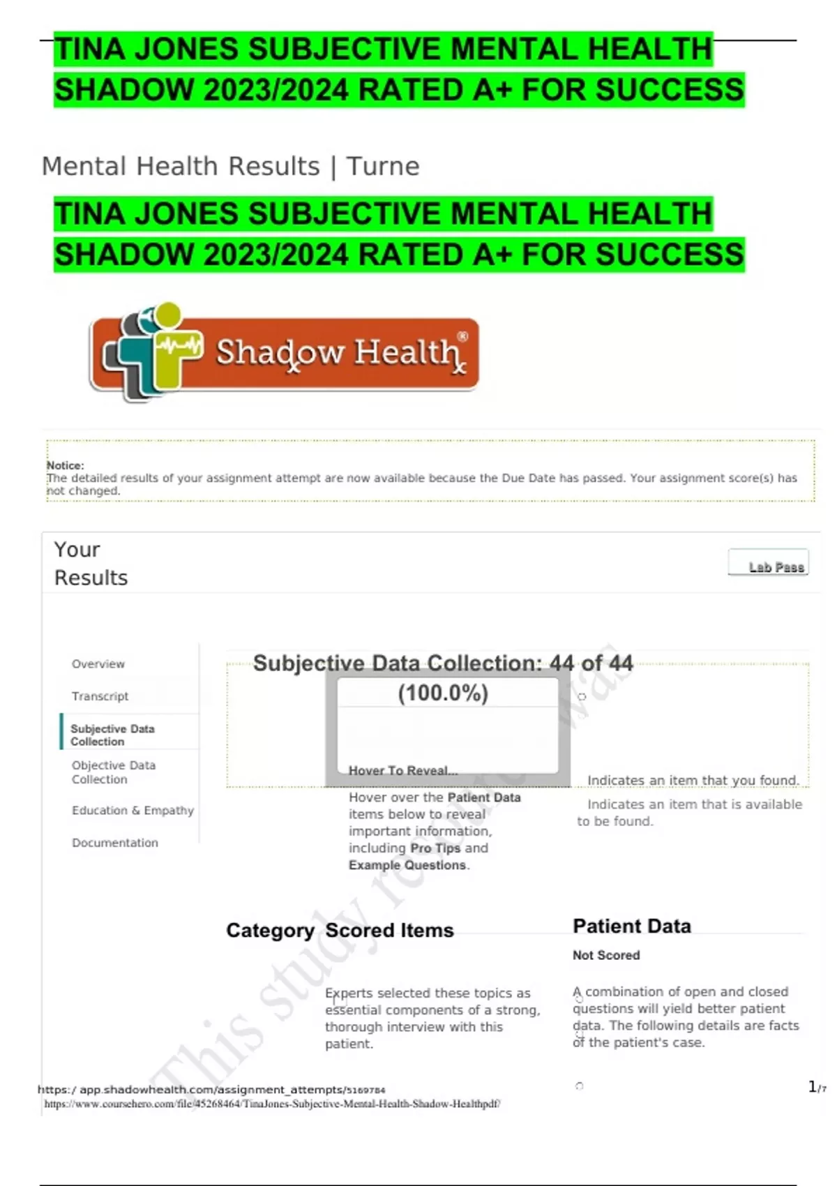 TINA JONES SUBJECTIVE MENTAL HEALTH SHADOW 2023/2024 RATED A+ FOR ...