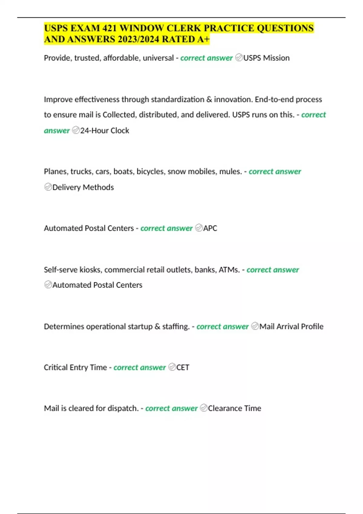 USPS EXAM 421 WINDOW CLERK PRACTICE QUESTIONS AND ANSWERS 2023/2024 ...