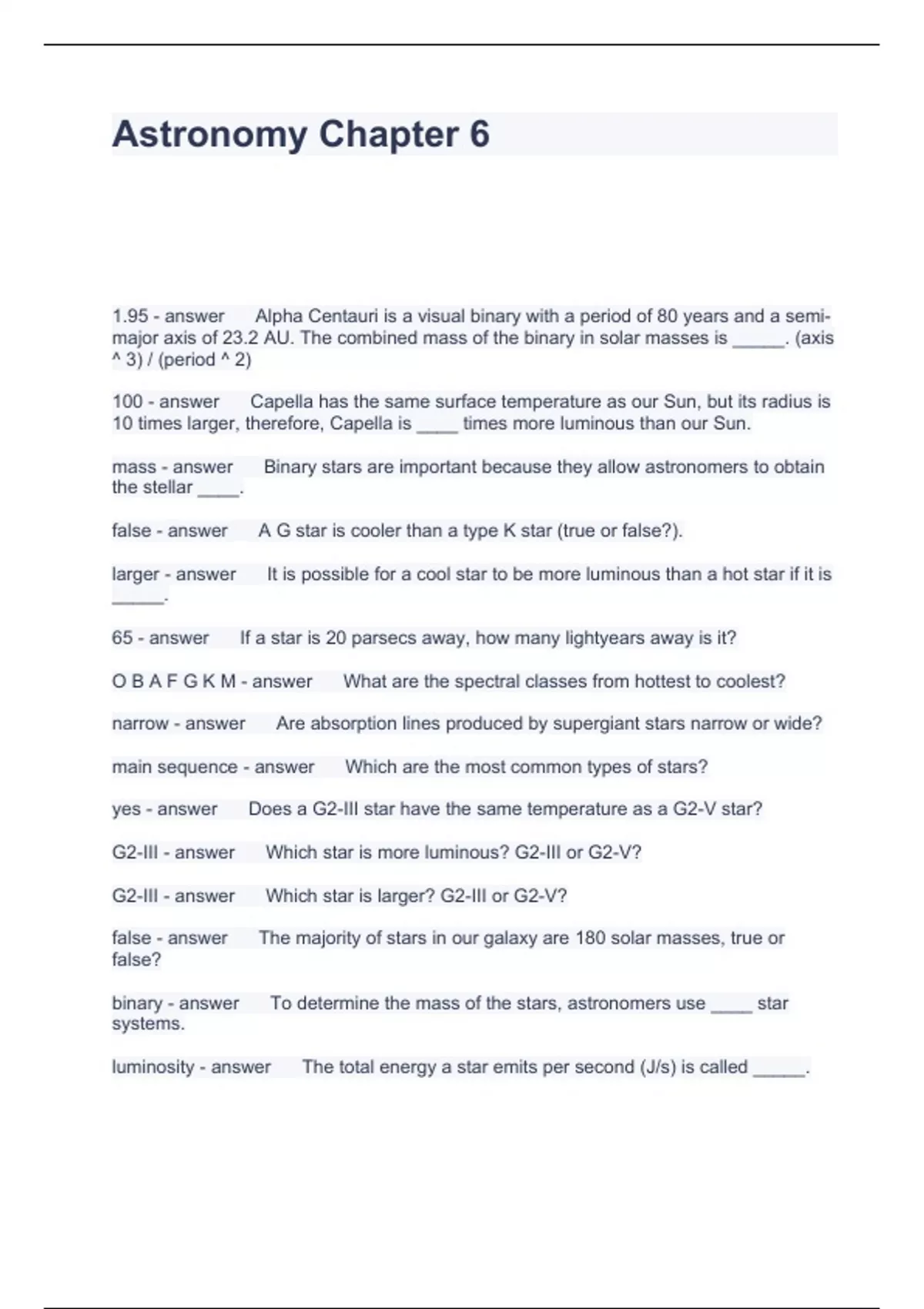 Astronomy Chapter 6 Questions with solutions 2024 - Capella - Stuvia US