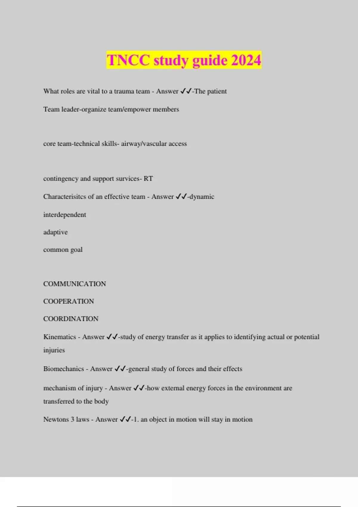 TNCC study guide 2024 - TNCC-Trauma Nursing Core Course - Stuvia US