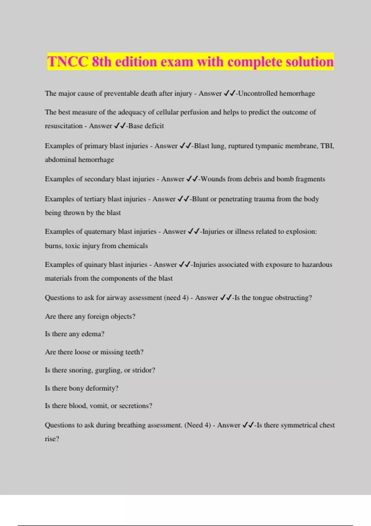 TNCC 8th edition exam with complete solution - TNCC-Trauma Nursing Core ...