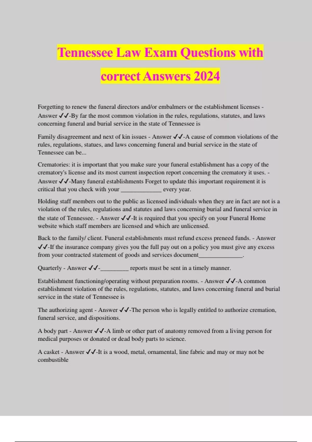 Tennessee Law Exam Questions with correct Answers 2024 - VA LRR/TN LRR ...