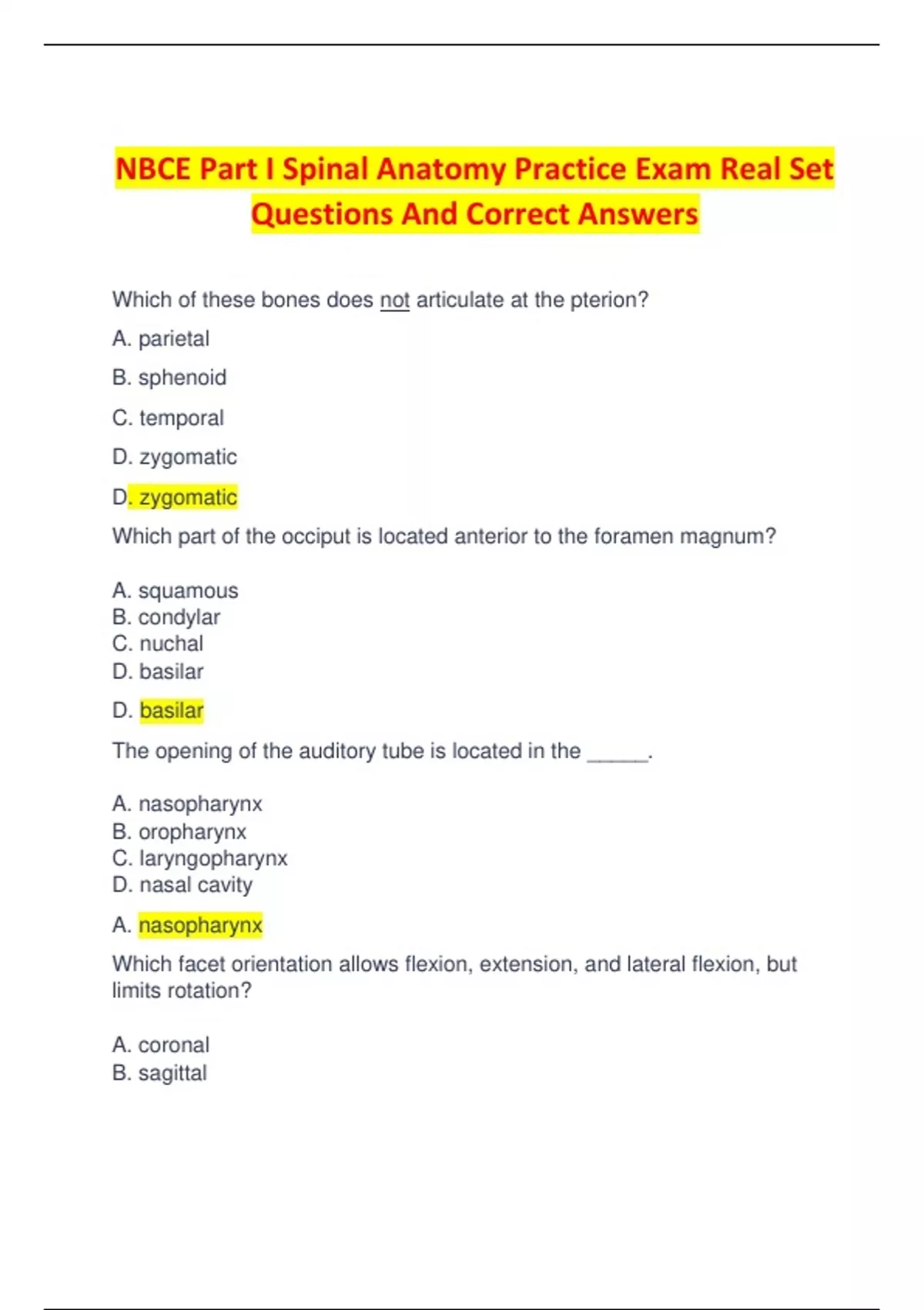 NBCE Part I Spinal Anatomy Practice Exam Real Set Questions And Correct ...