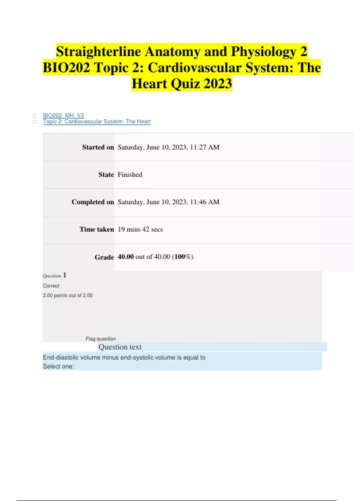 Straighterline Anatomy and Physiology 2 BIO202 Topic 2: Cardiovascular System: The Heart Quiz ...