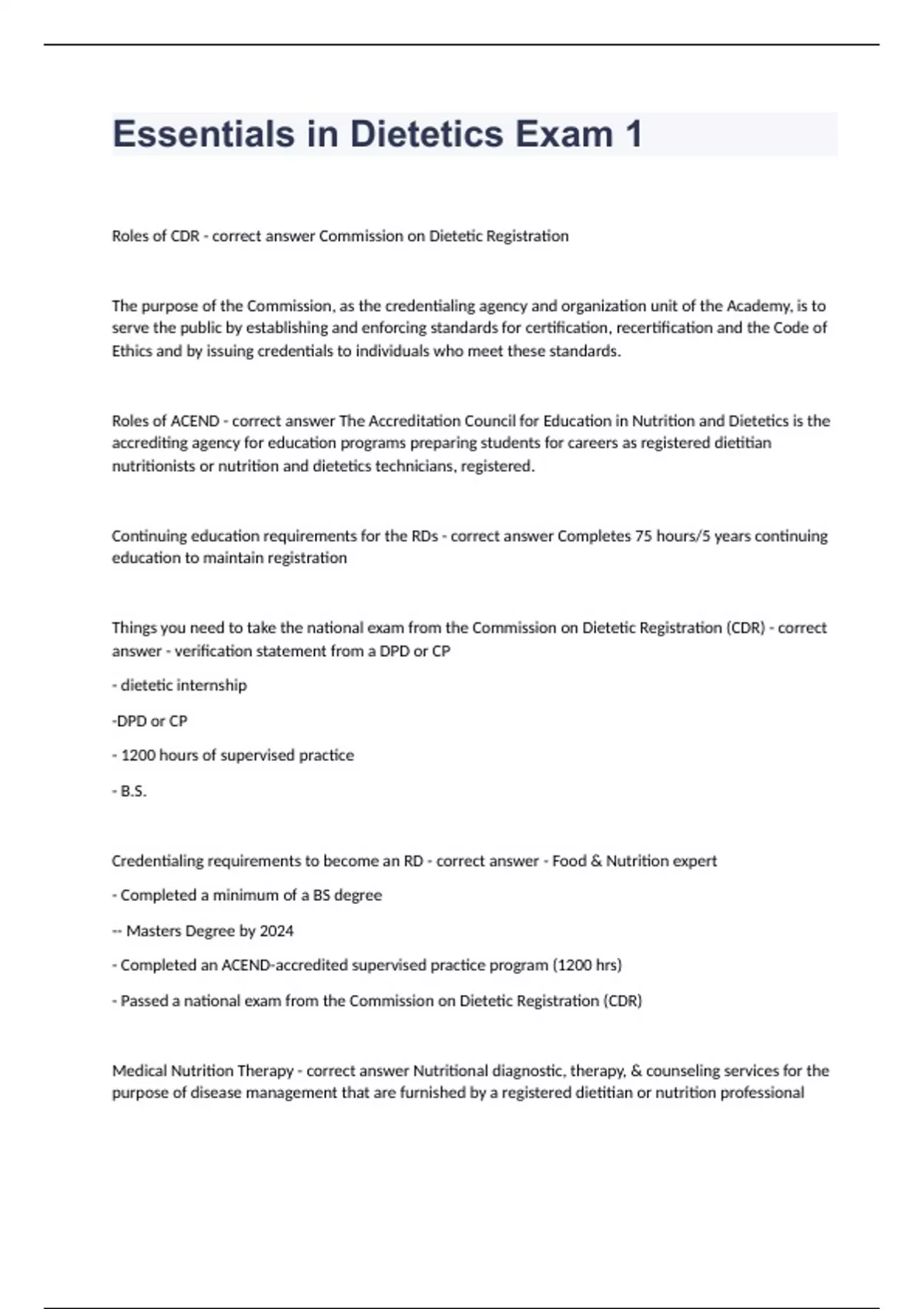 Essentials in Dietetics Exam 1 Questions with complete solution 2023/ ...