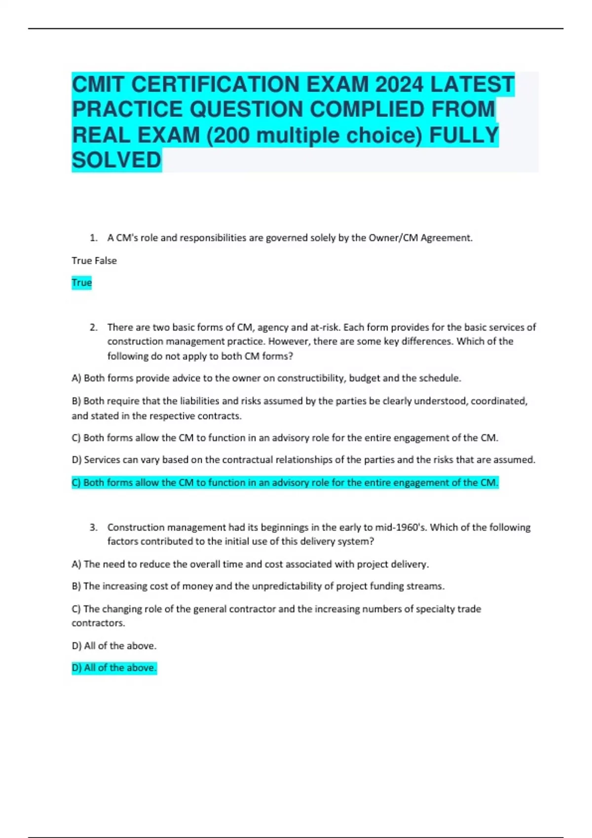 CMIT CERTIFICATION EXAM 2024 LATEST PRACTICE QUESTION COMPLIED FROM ...