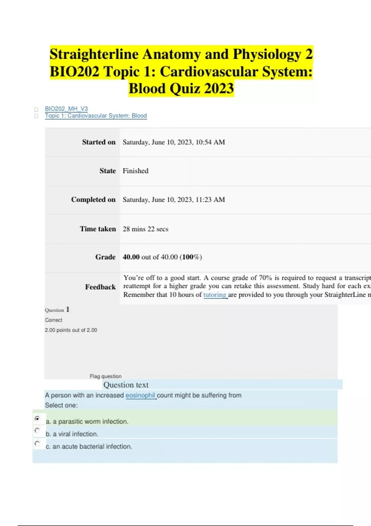 Straighterline Anatomy and Physiology 2 BIO202 Topic 1: Cardiovascular System: Blood Quiz 2023 ...