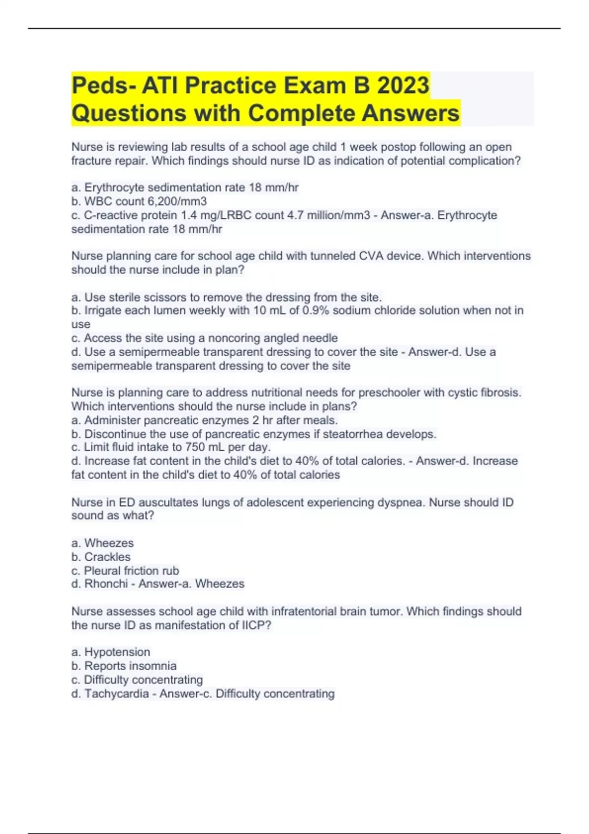 Peds- ATI Practice Exam B 2023 Questions with Complete Answers - Peds ...