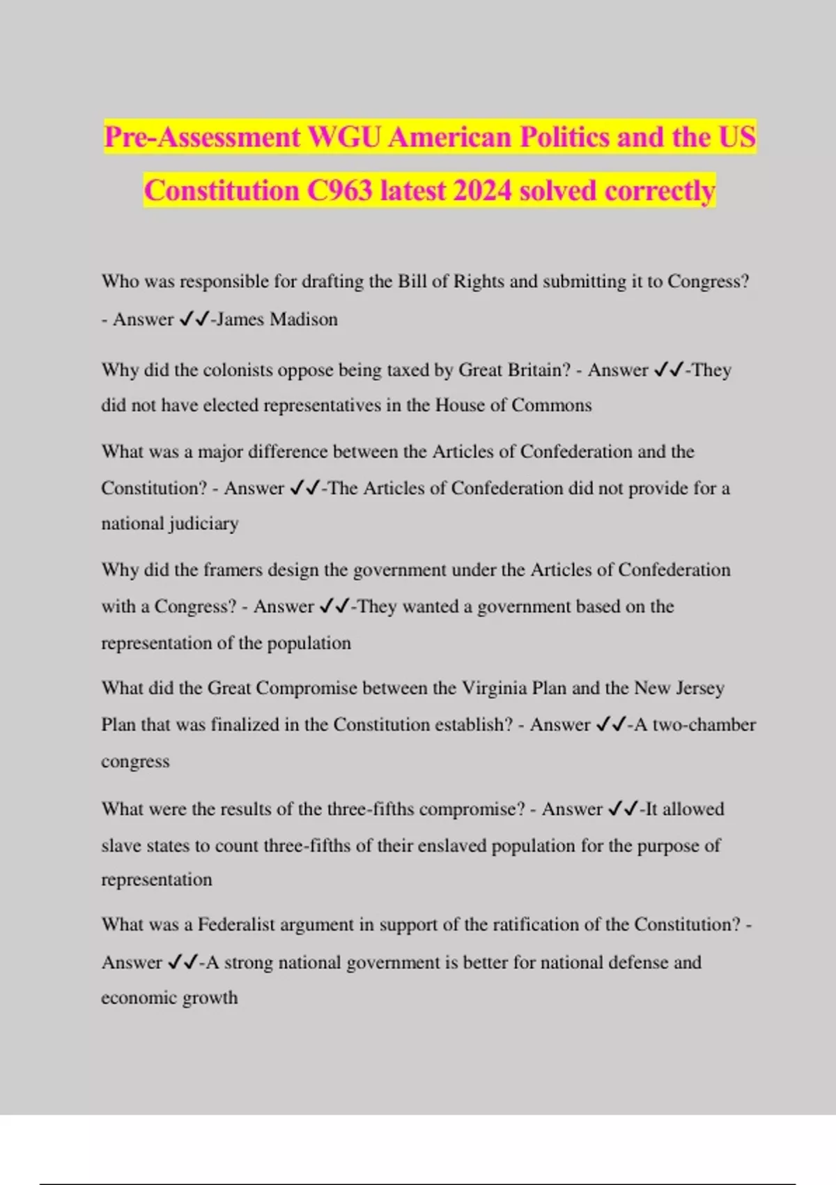 Pre-Assessment WGU American Politics and the US Constitution C963 ...