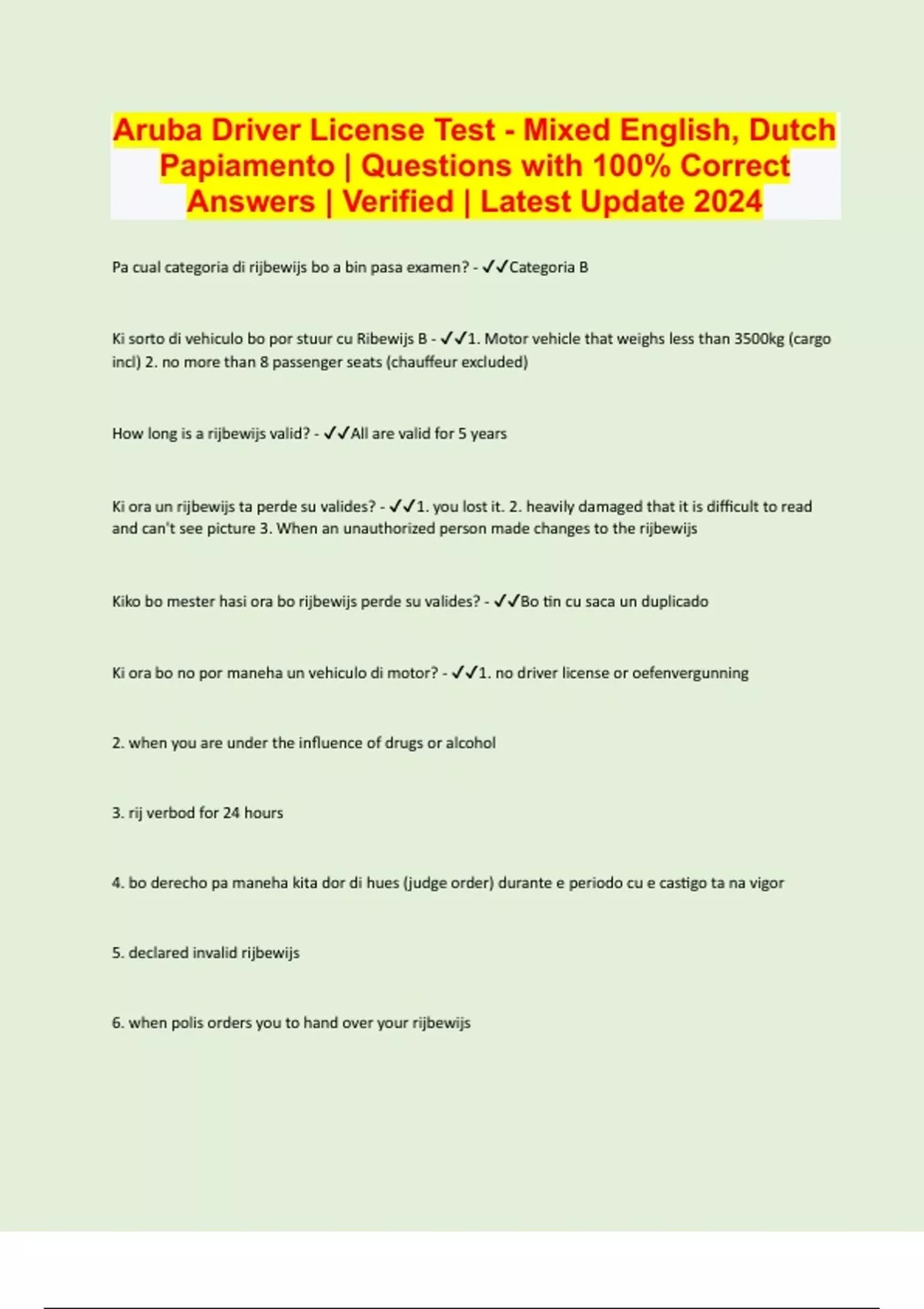 Aruba Driver License Test - Mixed English, Dutch Papiamento | Questions ...