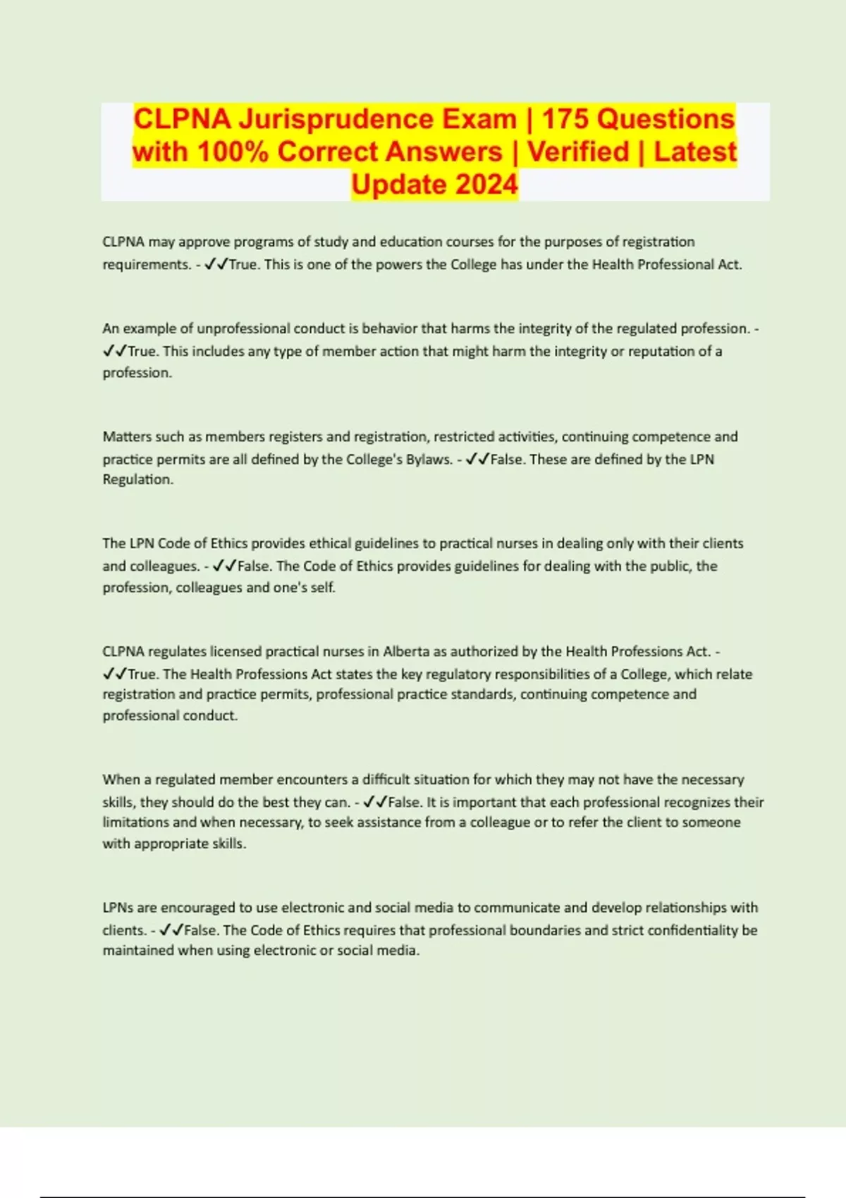 CLPNA Jurisprudence Exam | 175 Questions with 100% Correct Answers ...