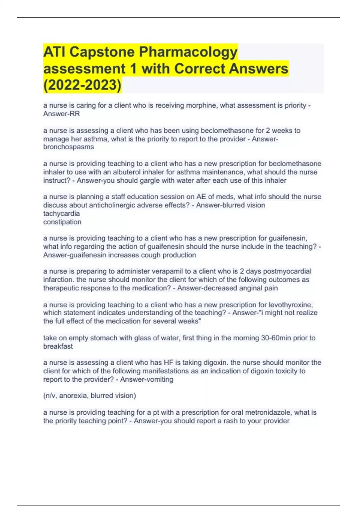 ATI Capstone Pharmacology assessment 1 with Correct Answers () - ATI ...