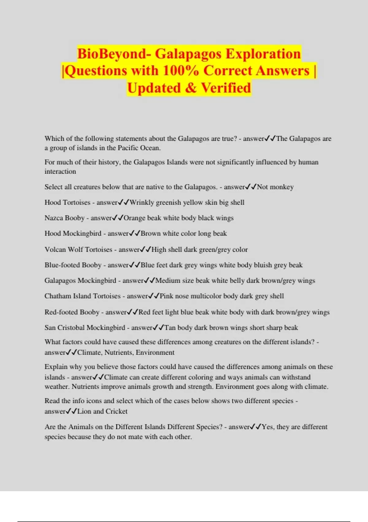 BioBeyond- Galapagos Exploration |Questions with 100% Correct Answers ...