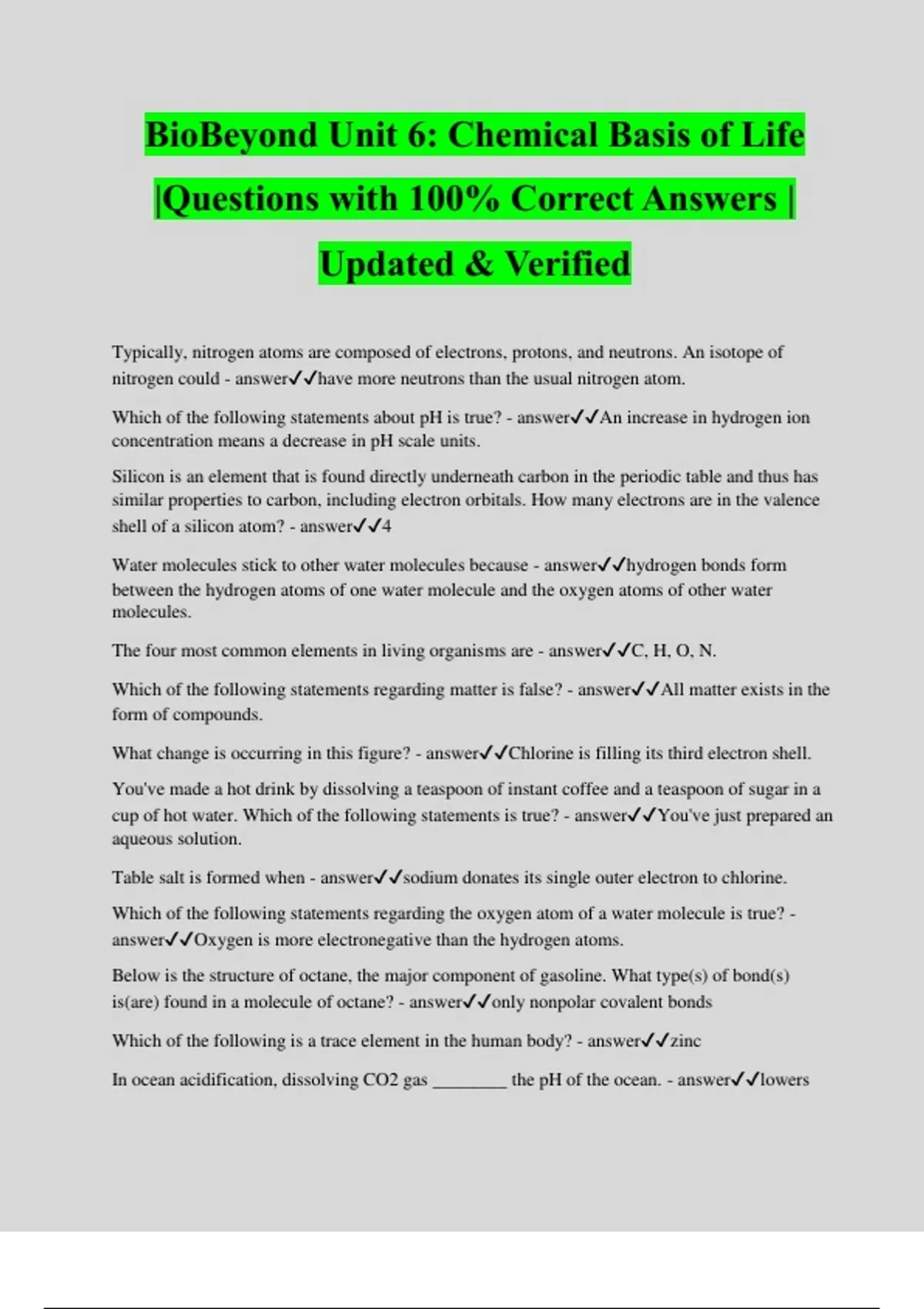 BioBeyond Unit 6: Chemical Basis of Life |Questions with 100% Correct ...