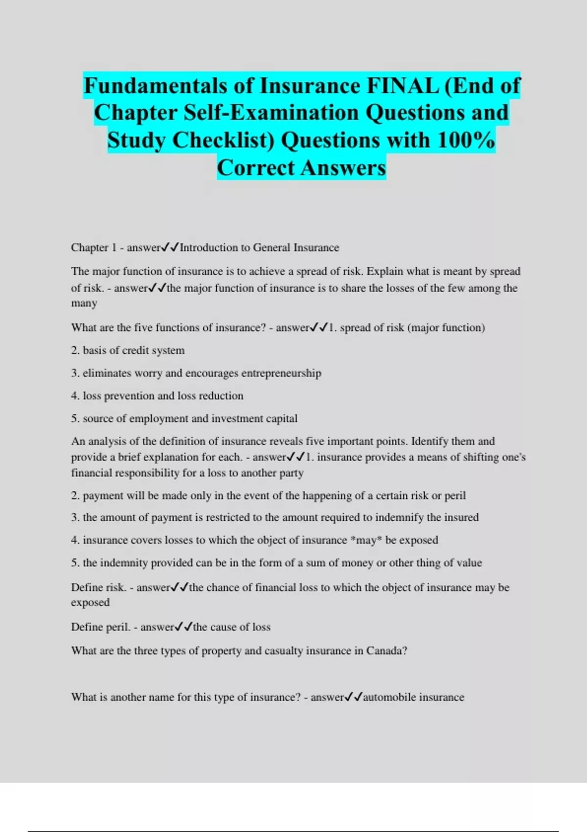 Fundamentals of Insurance FINAL (End of Chapter Self-Examination ...