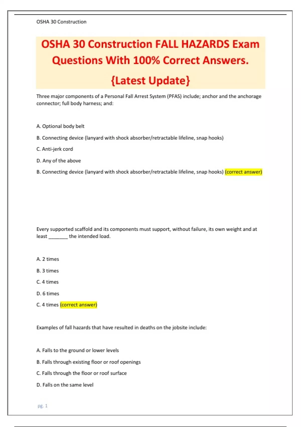 OSHA 30 Construction FALL HAZARDS Exam Questions With 100% Correct ...