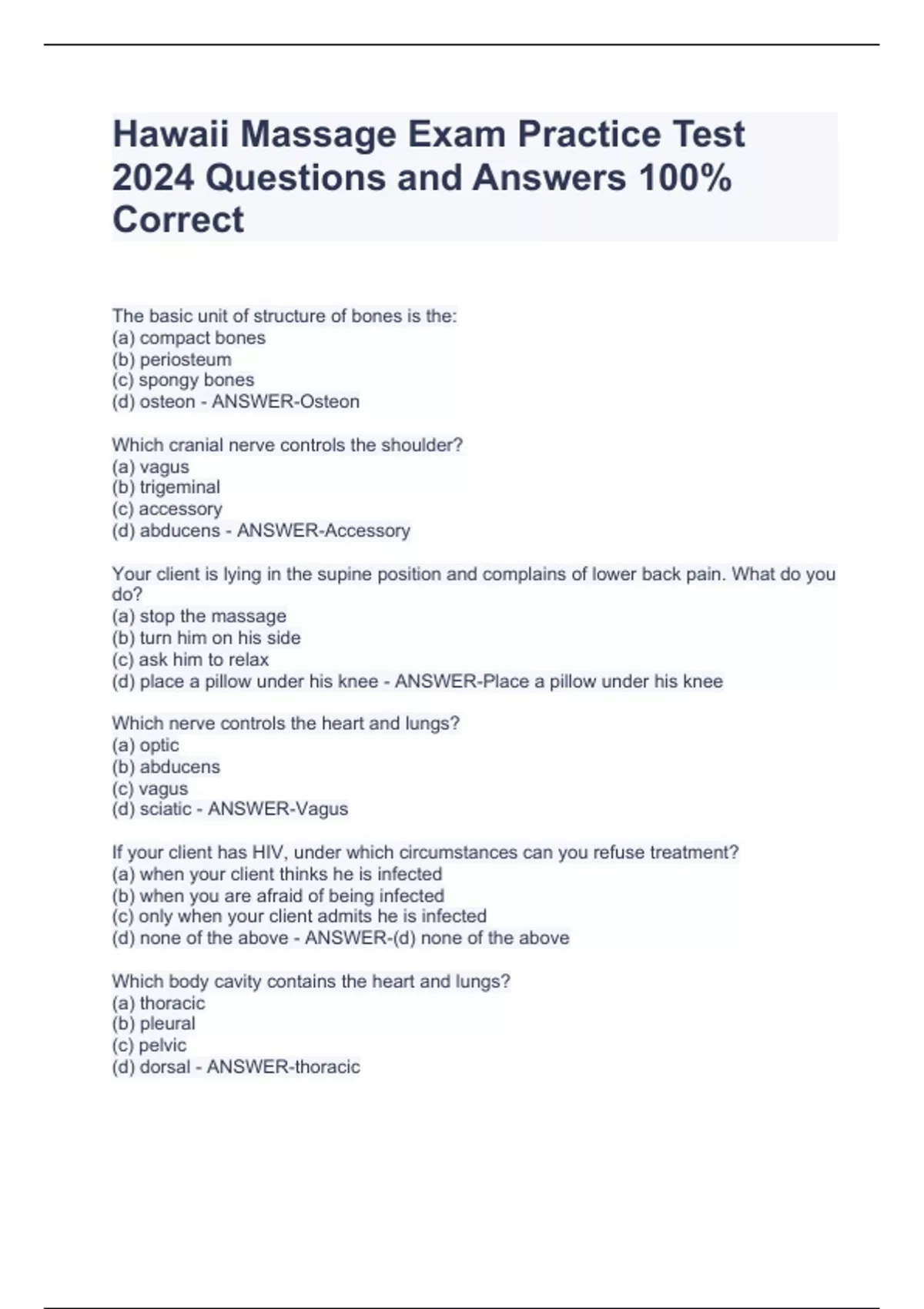 Hawaii Massage Exam Practice Test 2024 Questions and Answers 100% ...