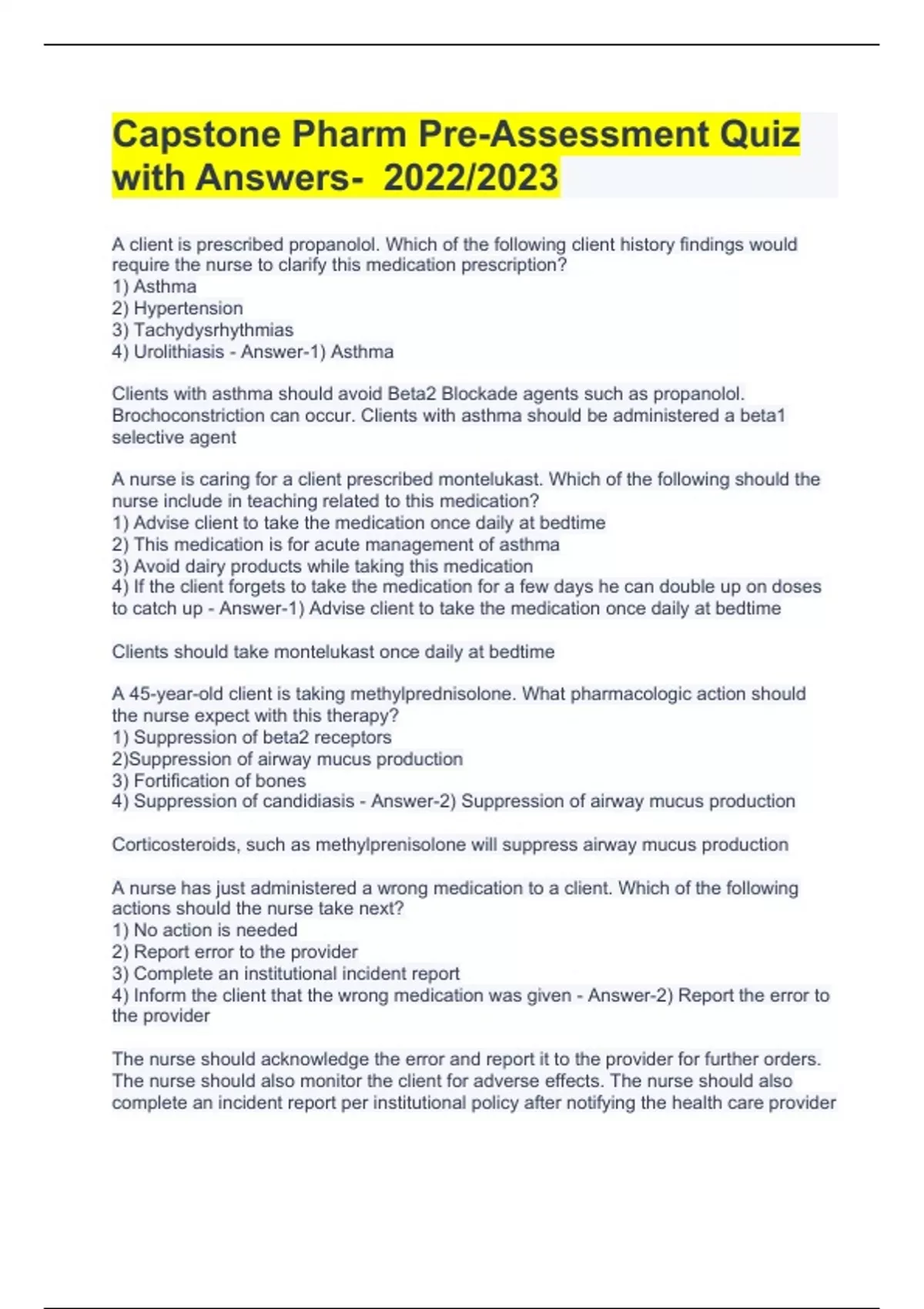 Capstone Pharm Pre-Assessment Quiz with Answers- 2022/2023 - Capstone ...