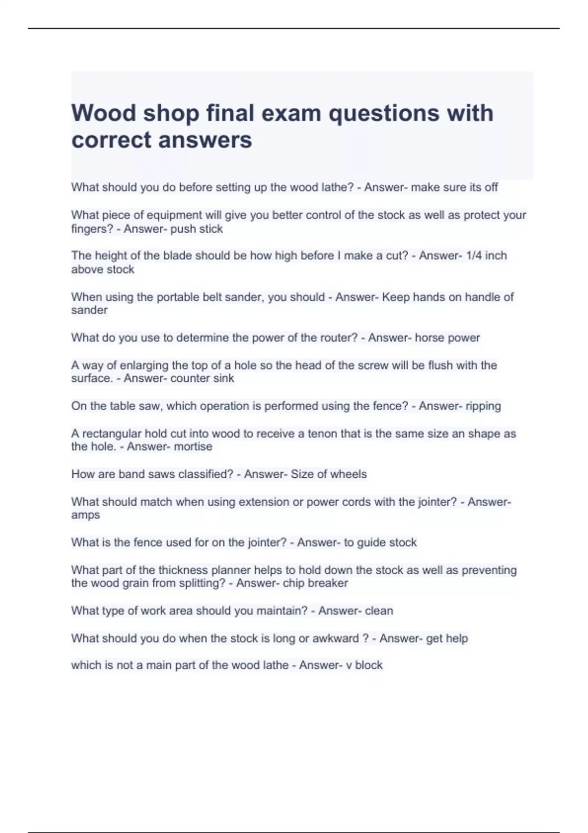 Wood shop final exam questions with correct answers - Wood shop - Stuvia US