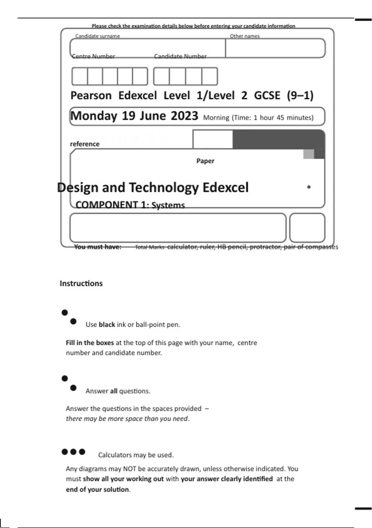 EDEXCEL GCSE JUNE 2023 DESIGN AND TECHNOLOGY 1DTO QUESTION PAPER 1D ...