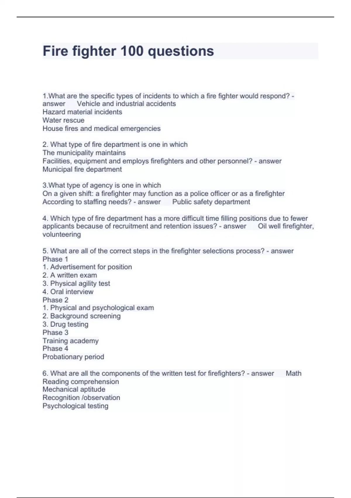 Fire fighter 100 questions and Answers 100% correct 2024 - Firefighter ...