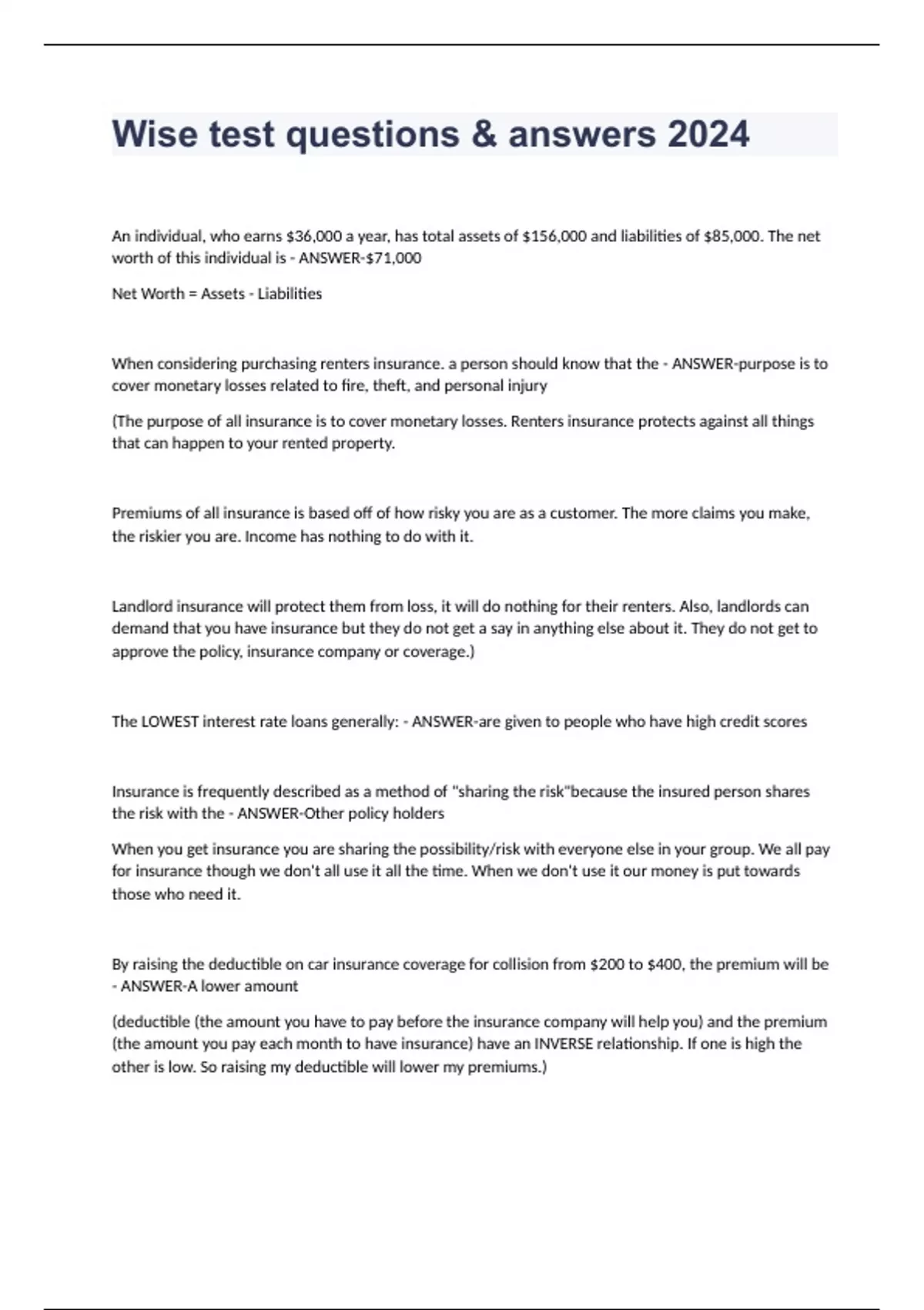 Wise test questions & answers 2024 - Wise - Stuvia US