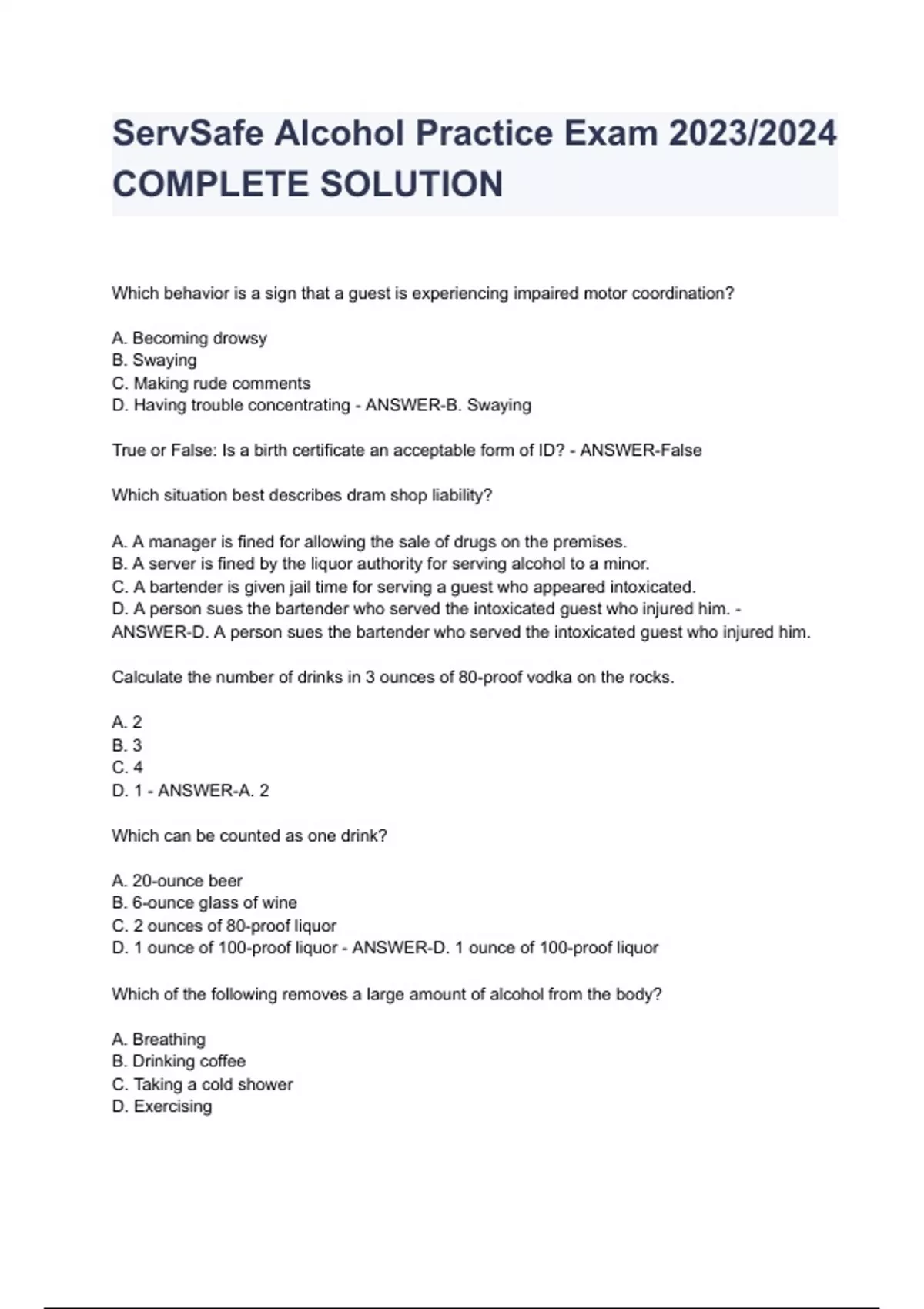 ServSafe Alcohol Practice Exam 2023/2024 COMPLETE SOLUTION - ServSafe ...