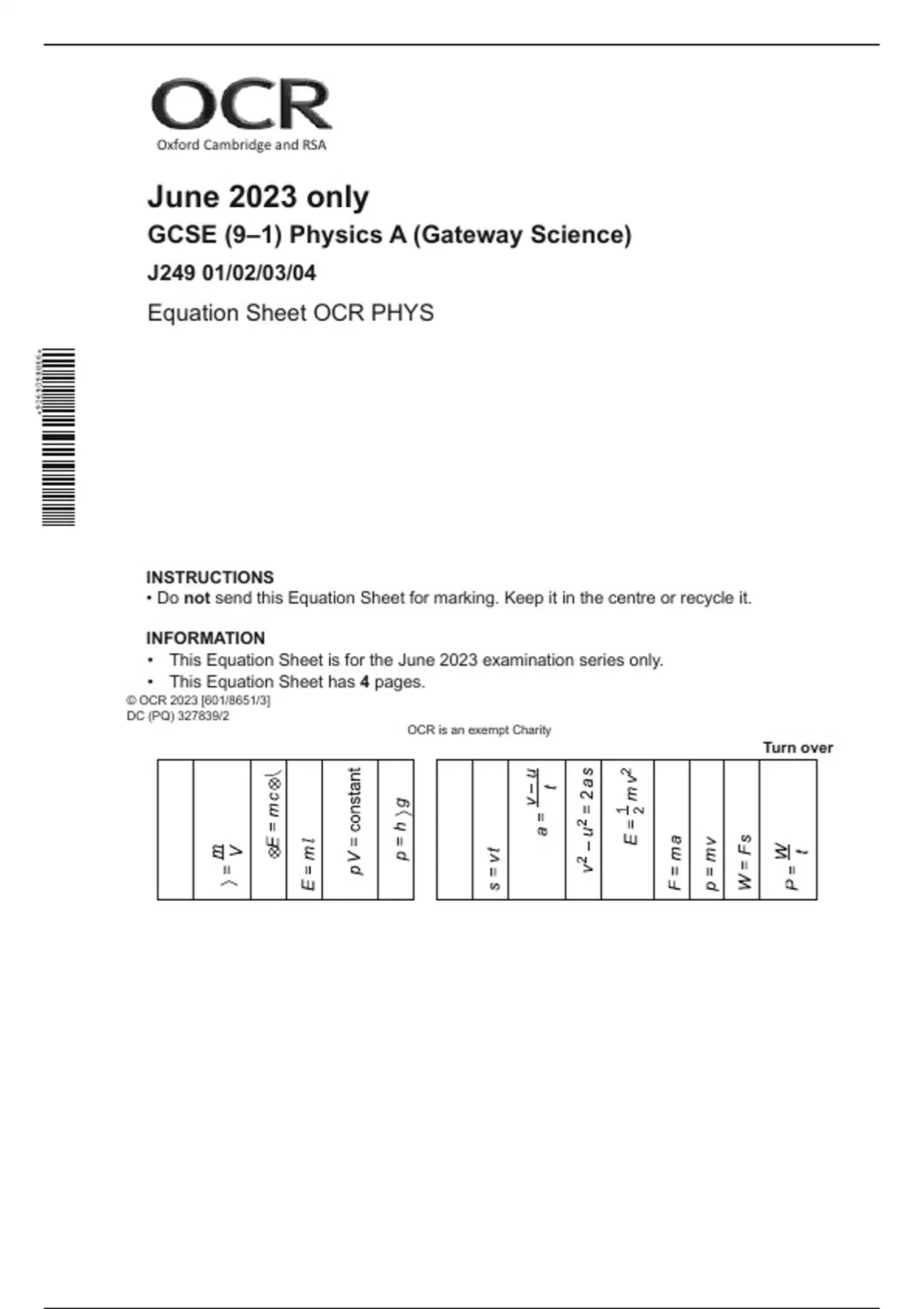 Ocr Gcse 9 1 Physics A Gateway Science J249 01 02 03 04 Equation Sheet Physics A Stuvia Us