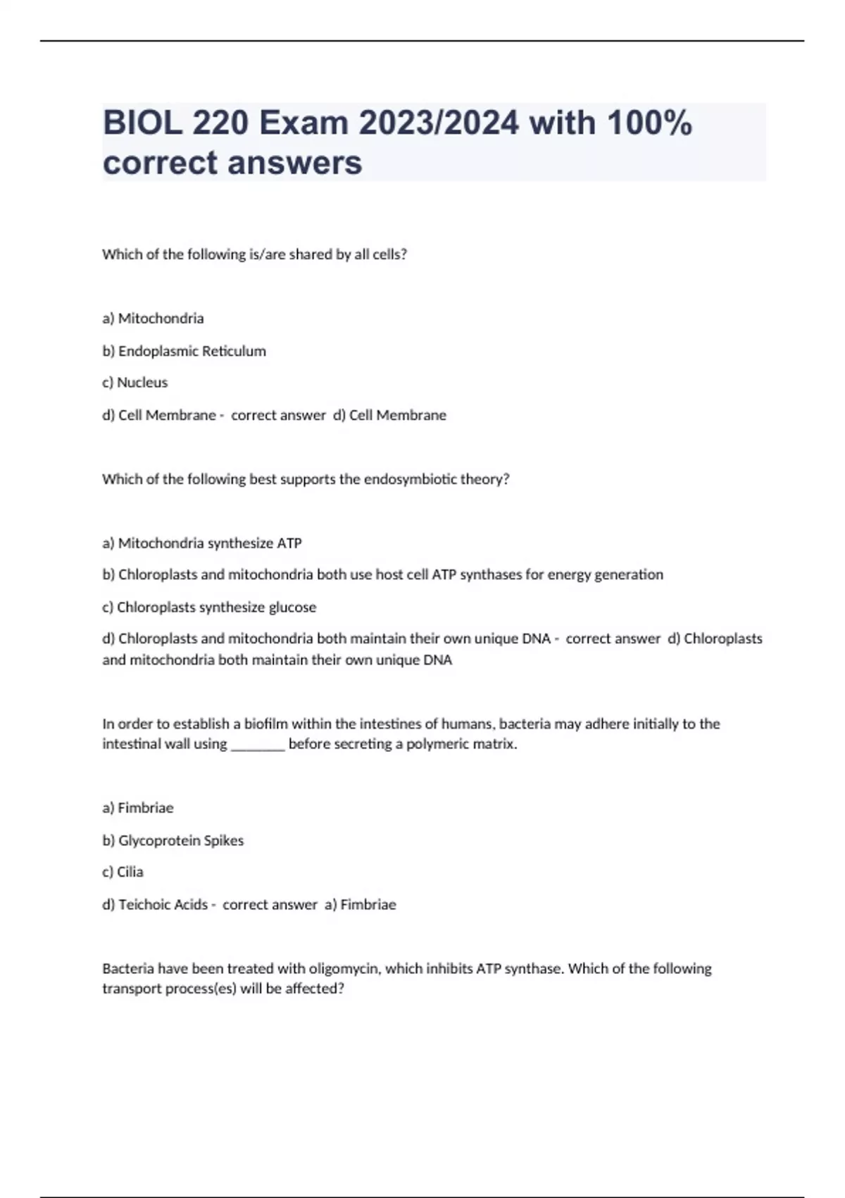 BIOL 220 Exam 2023/2024 with 100% correct answers - BIO-220 - Stuvia US