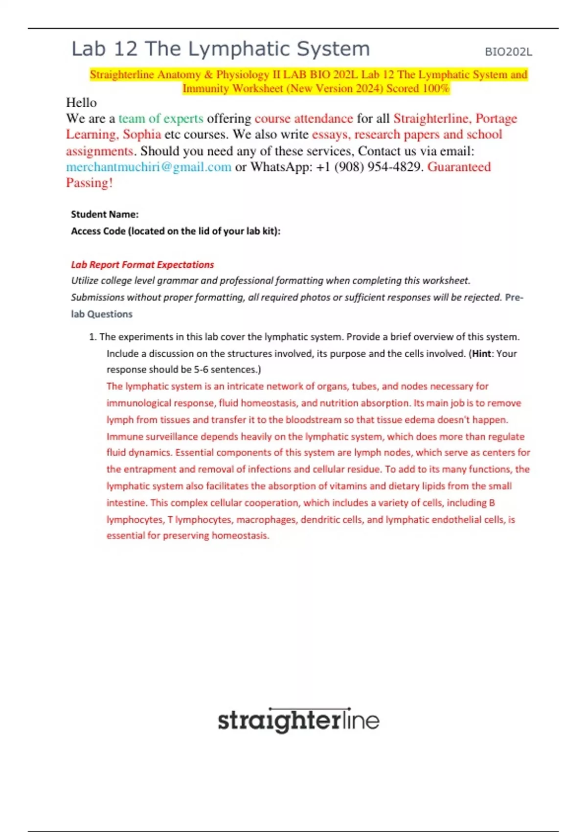 Straighterline Anatomy & Physiology II LAB BIO 202L Lab 12 The ...