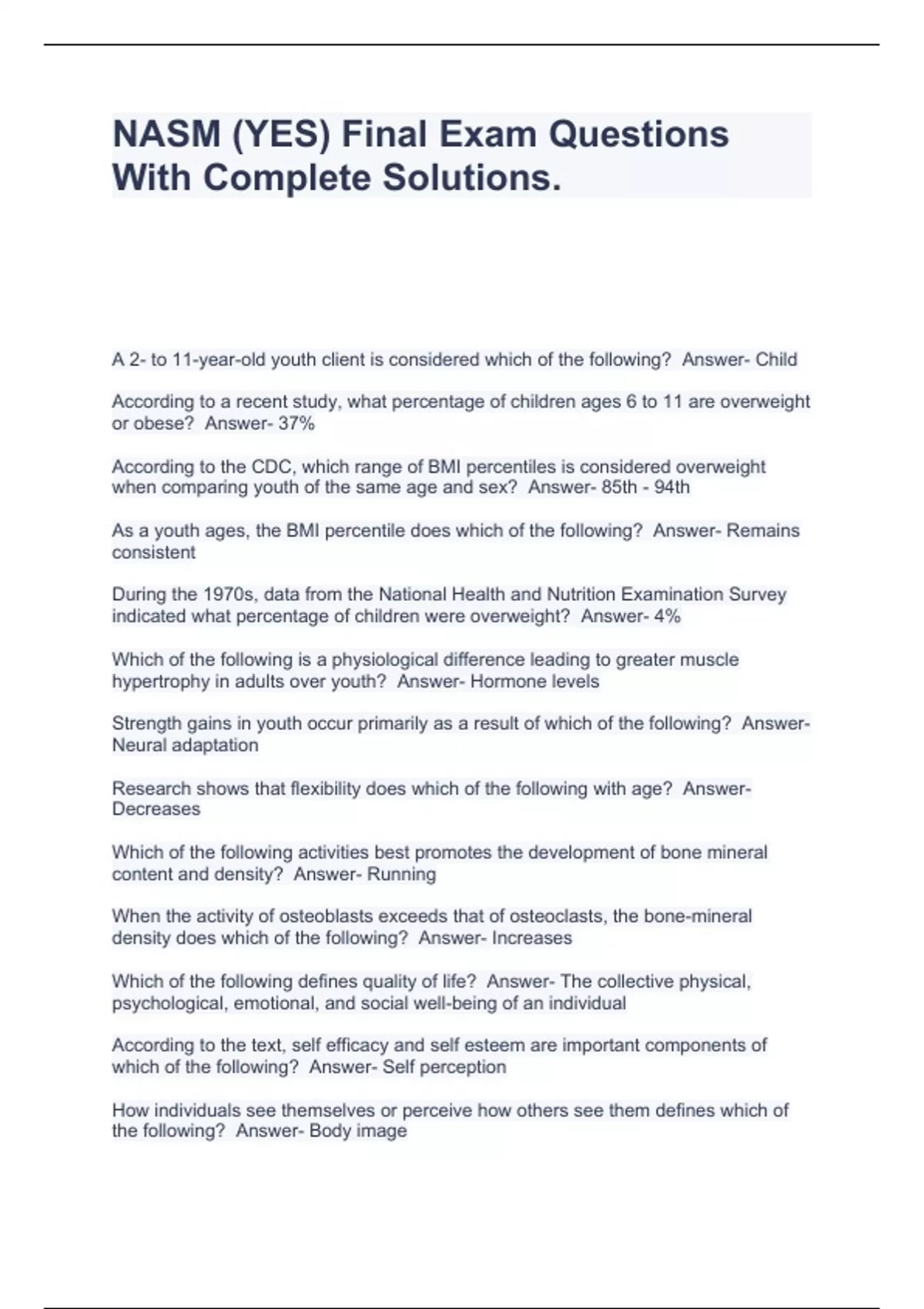 NASM (YES) Final Exam Questions With Complete Solutions. - NASM YES ...