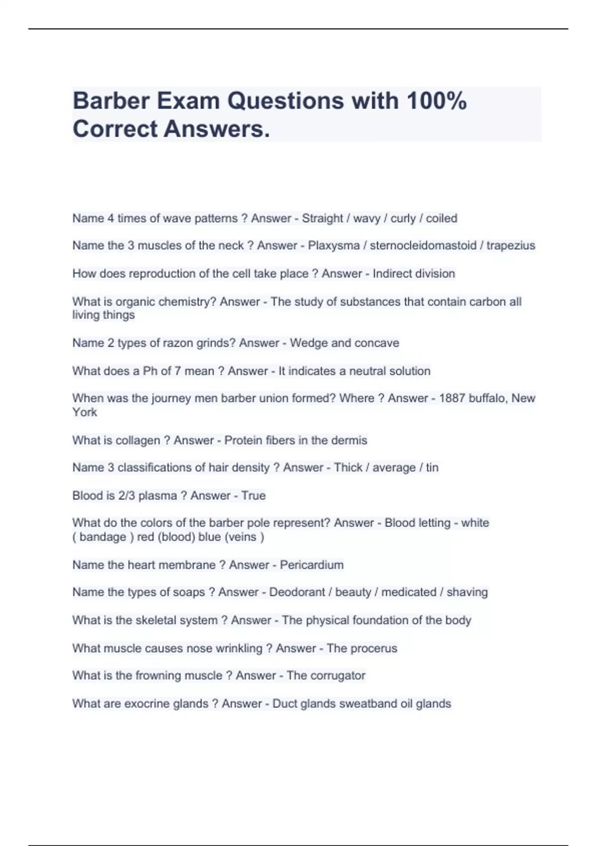 Barber Exam Questions with 100% Correct Answers - Barber - Stuvia US