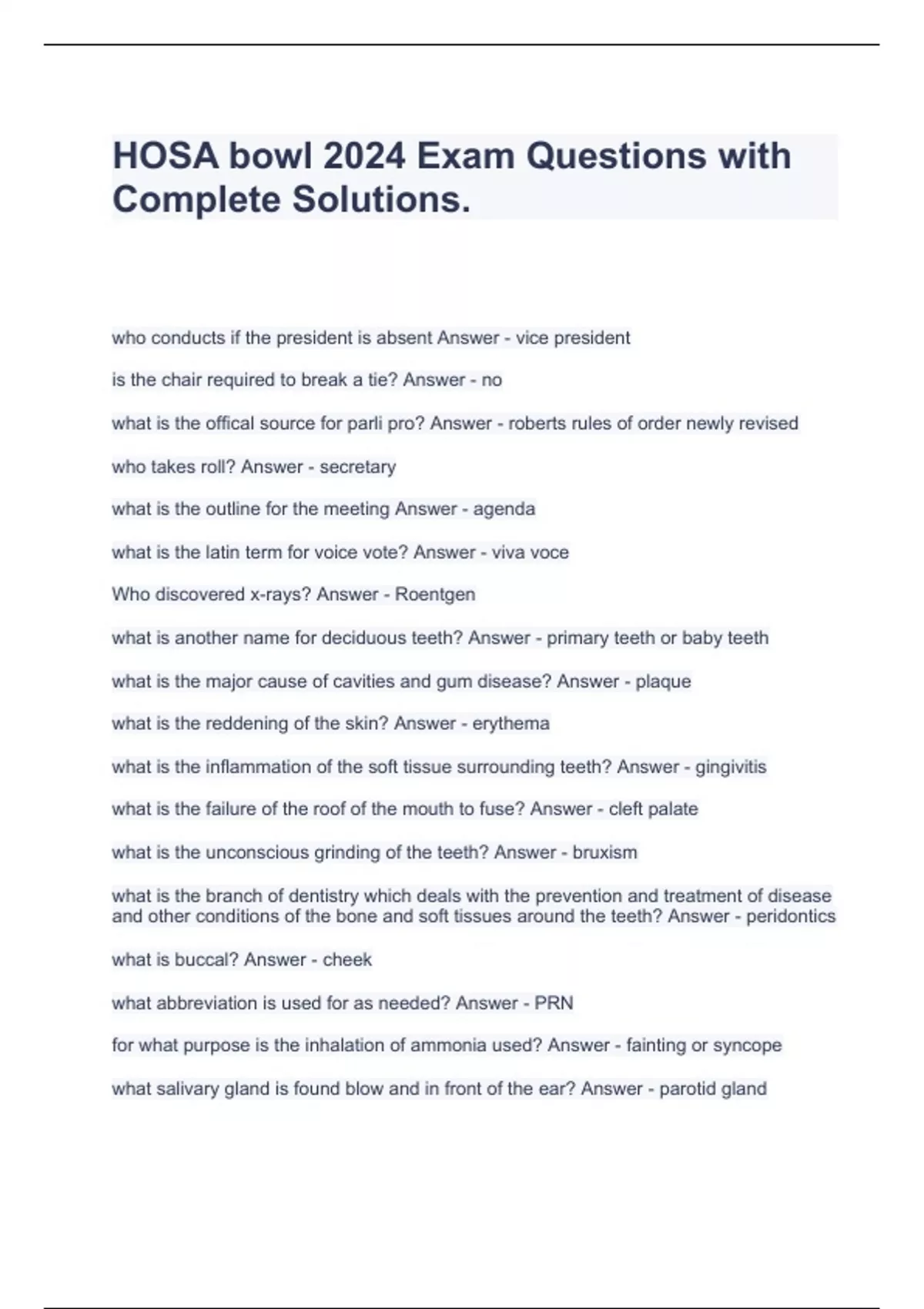 HOSA bowl 2024 Exam Questions with Complete Solutions - HOSA BOWL - Stuvia US