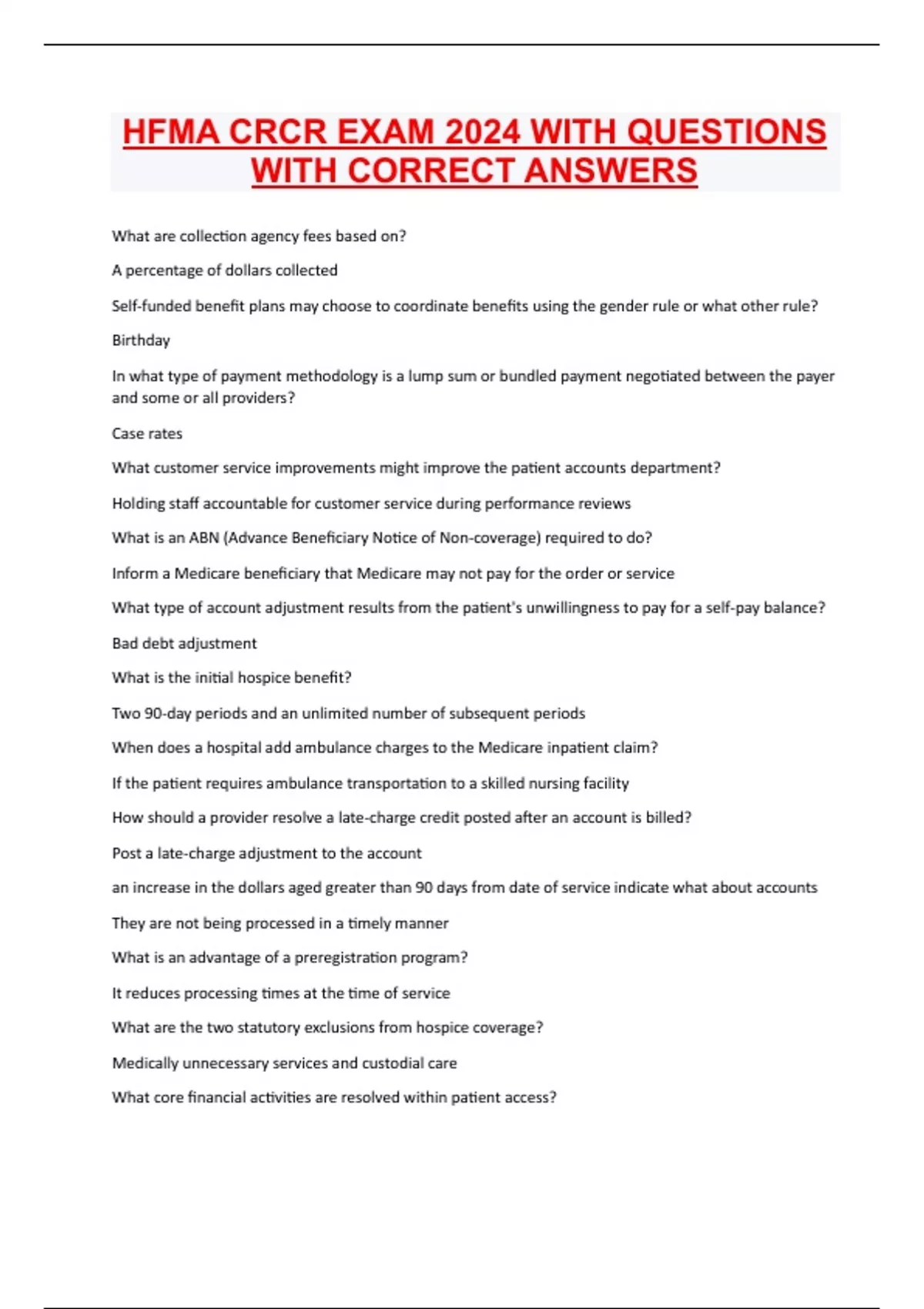 HFMA CRCR EXAM 2024 WITH QUESTIONS WITH CORRECT ANSWERS - HFMA CRCR - Stuvia US