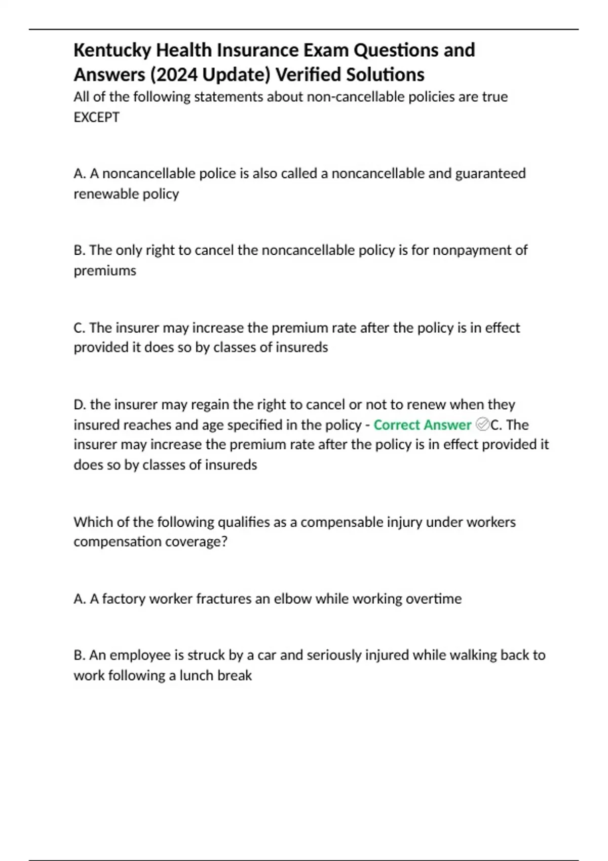 Kentucky Health Insurance Exam Questions and Answers (2024 Update ...