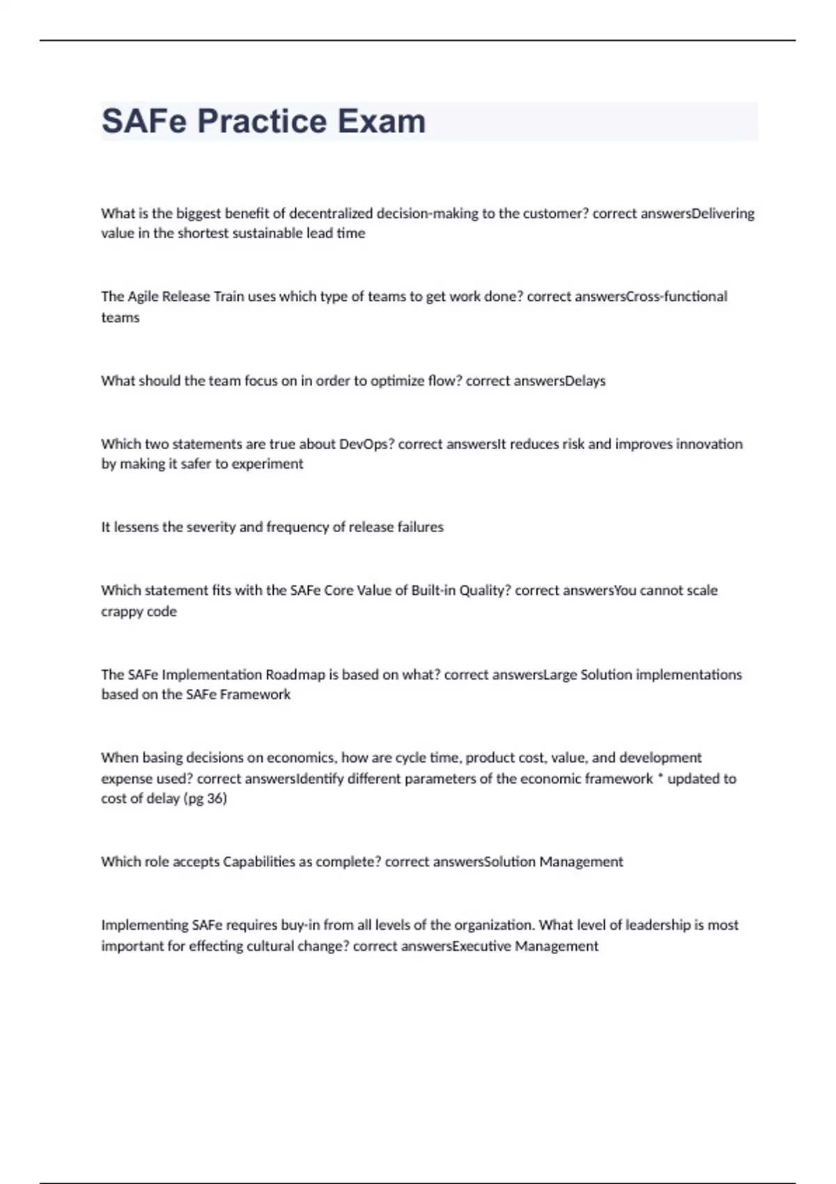 SAFe Practice Exam 2024 with 100% correct answers - SAFe Practice E ...