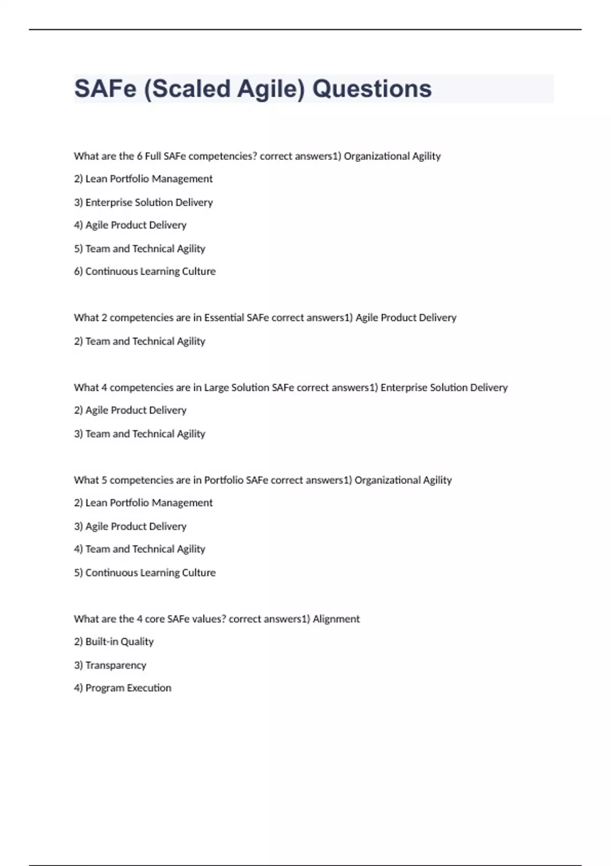 Safe Scaled Agile Questions And Answers 100 Correct 2024 Safe Que Stuvia Us