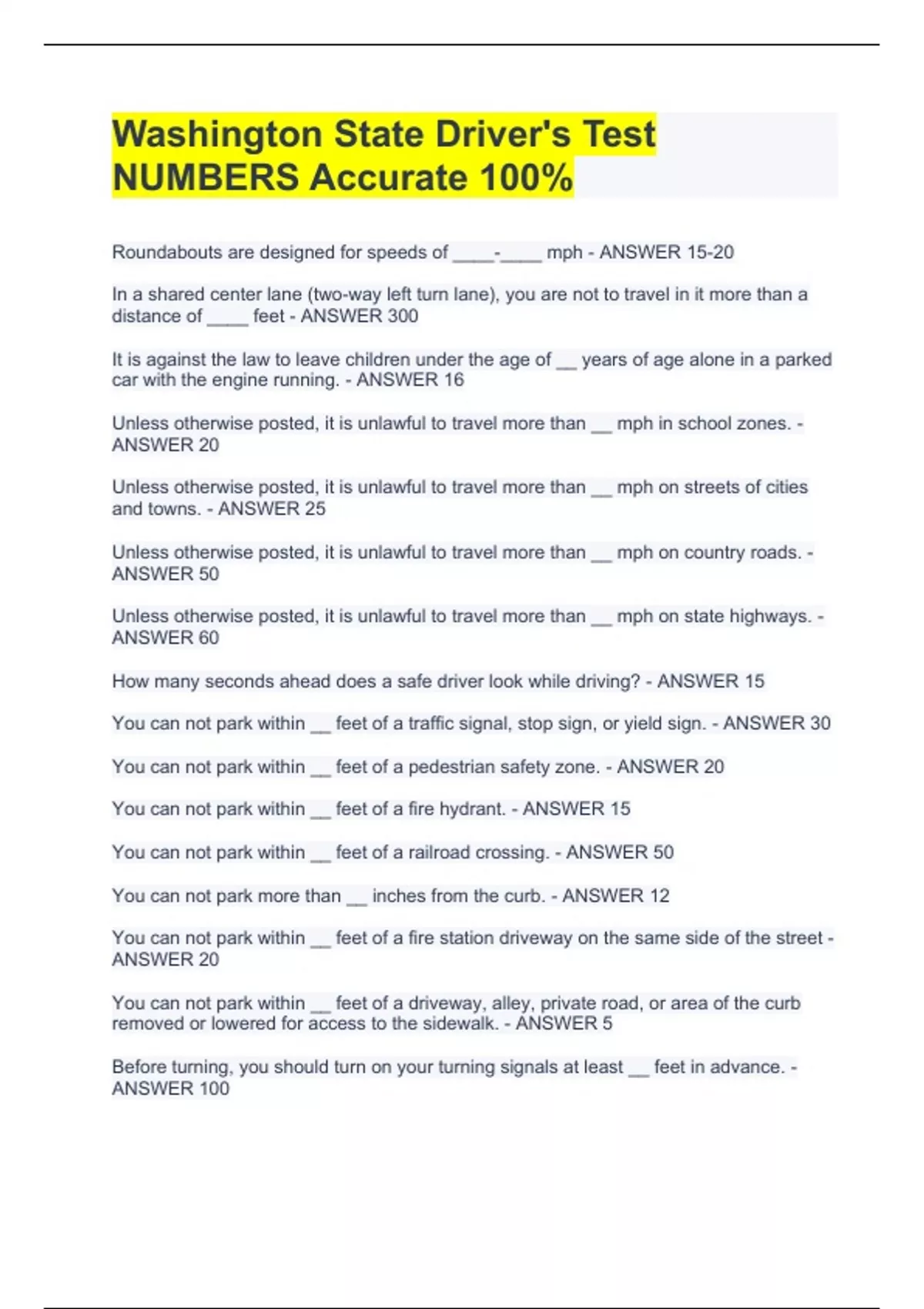 Washington State Driver's Test NUMBERS Accurate 100% - Washington State ...