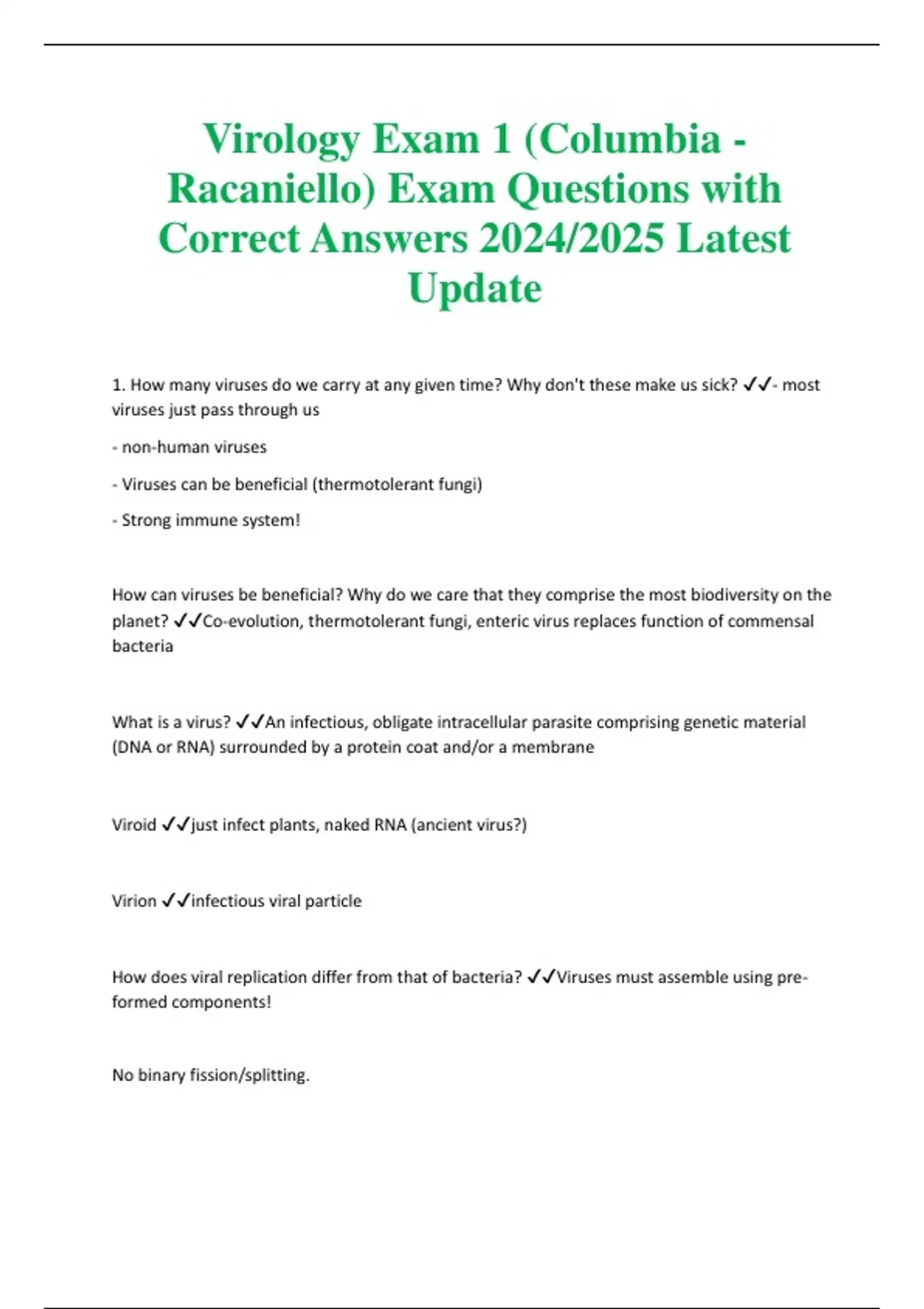 Virology Exam 1 (Columbia - Racaniello) Exam Questions with Correct ...
