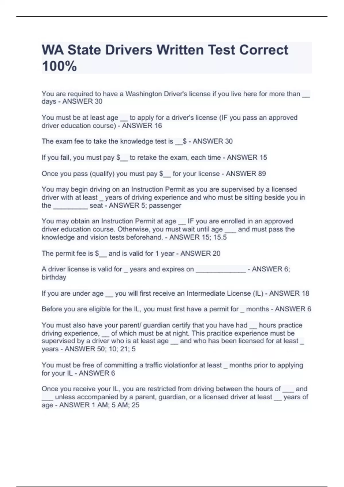 WA State Drivers Written Test Correct 100% - Washington State Driver ...