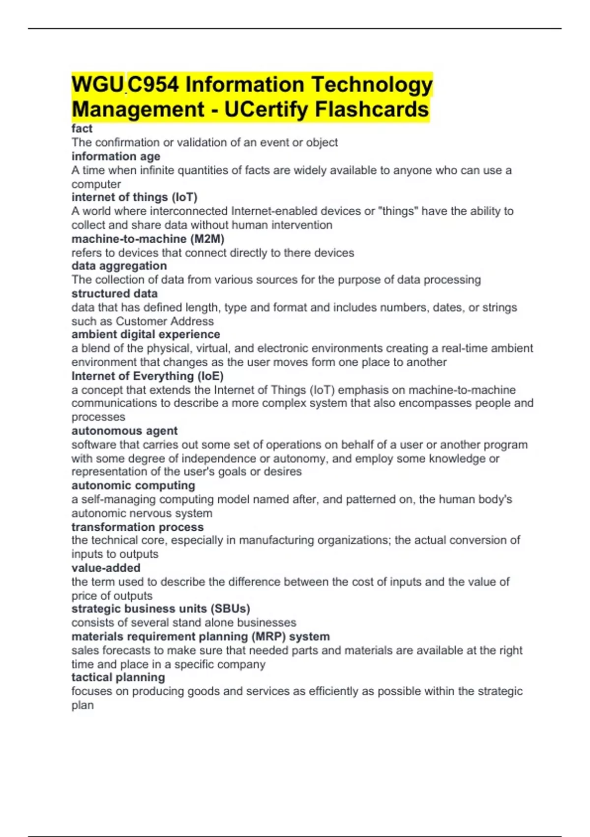 WGU C954 Information Technology Management - UCertify Flashcards - WGU ...