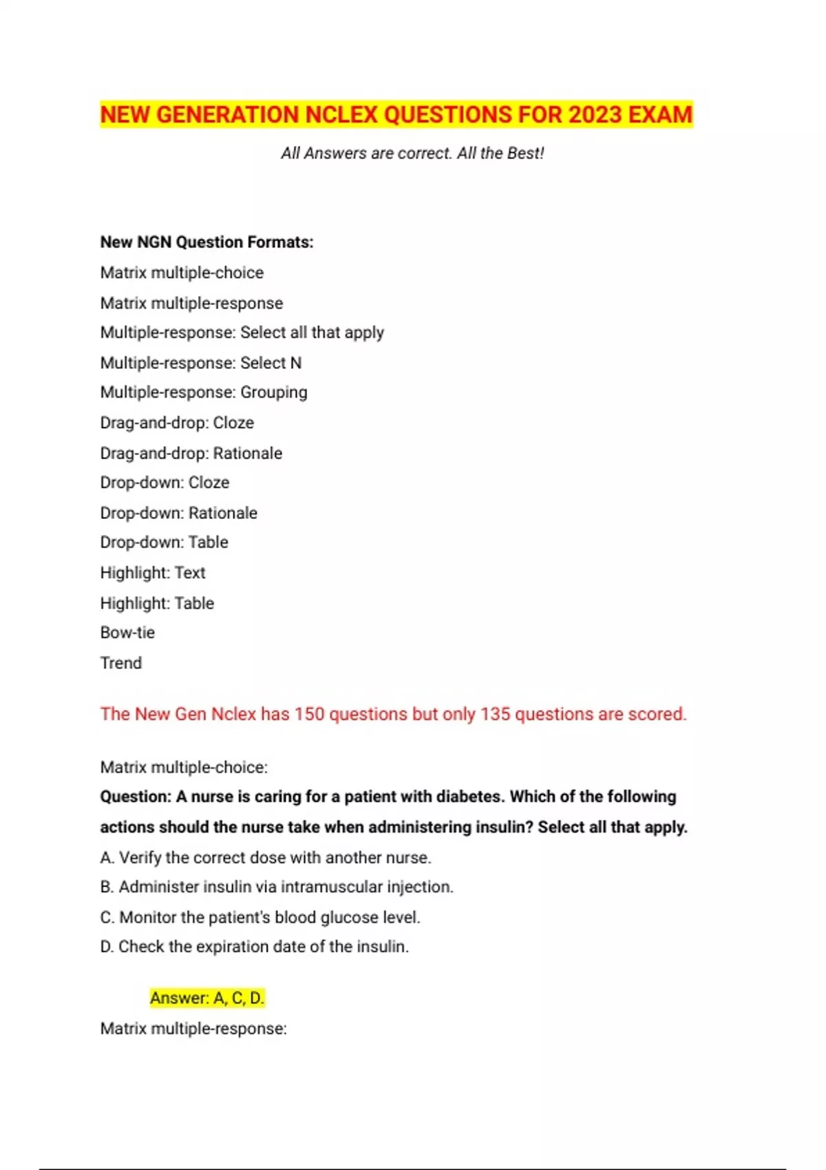 NEW GENERATION NCLEX QUESTIONS FOR 2024 EXAM - Nursing course - Stuvia US