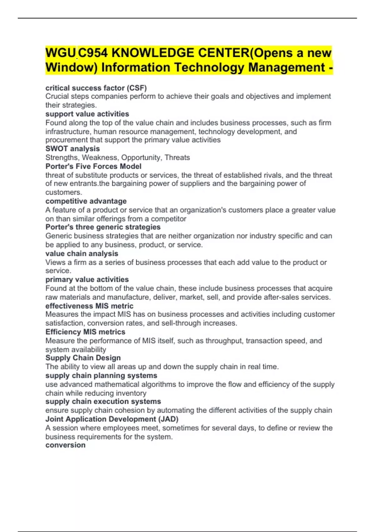 WGU C954 KNOWLEDGE CENTER(Opens a new Window) Information Technology ...